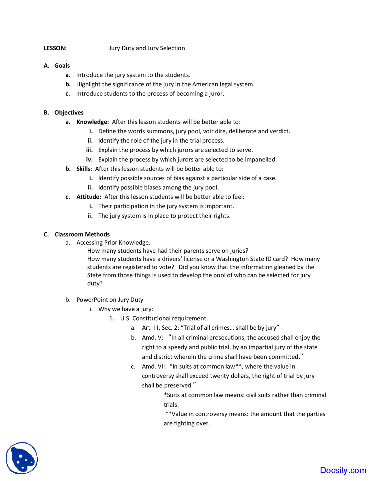 Jury Duty And Jury Selection Law Introductory Lecture Notes Docsity