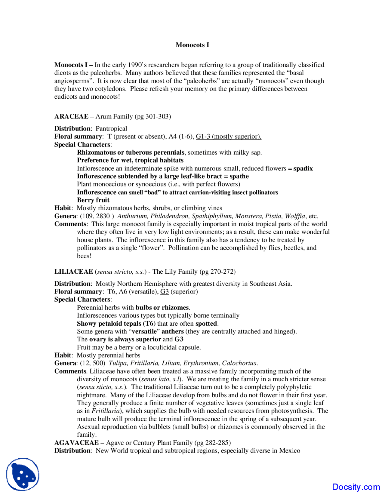 Monocots Plant Taxonomy And Systematics Lecture Notes Docsity