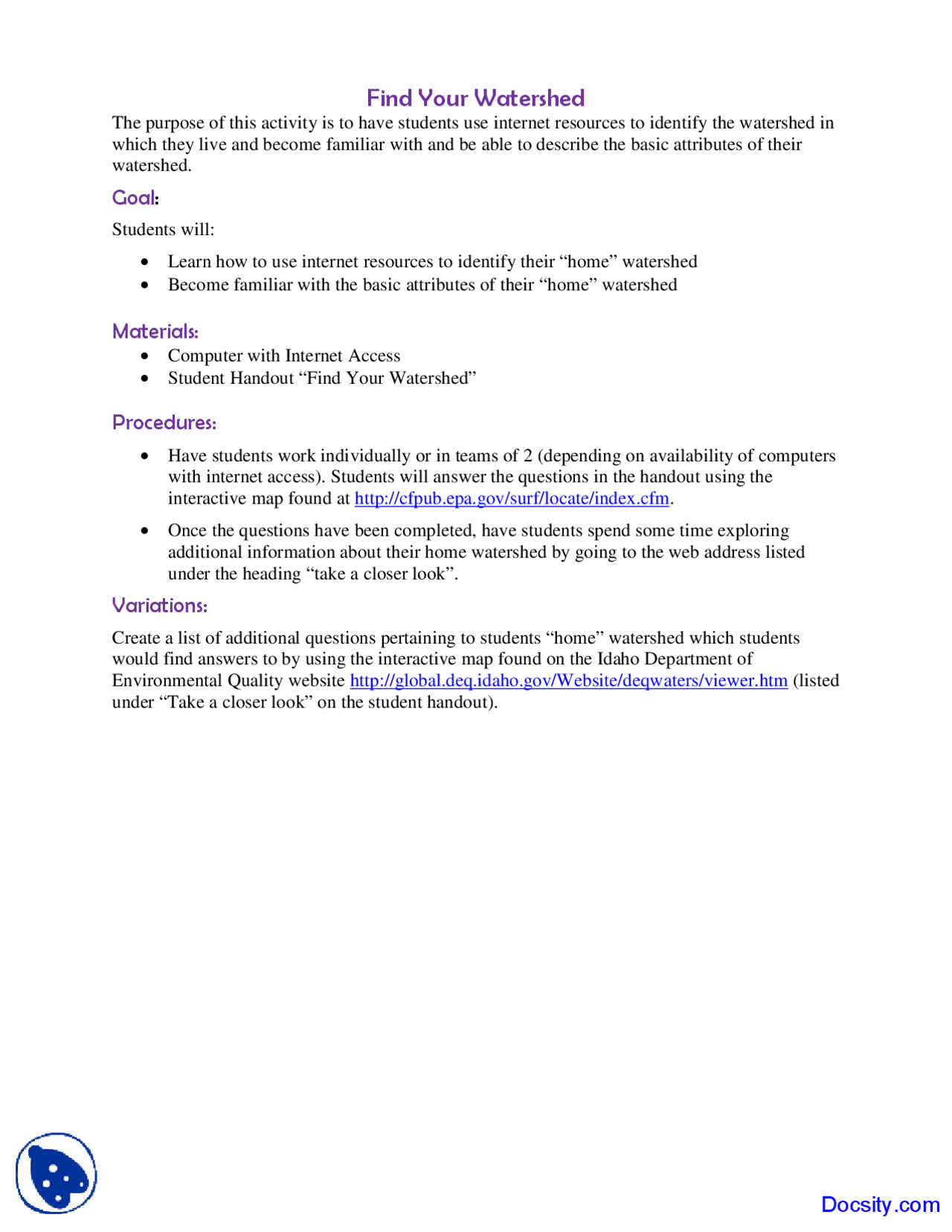 Watershed Rangeland Principles Exercise Docsity