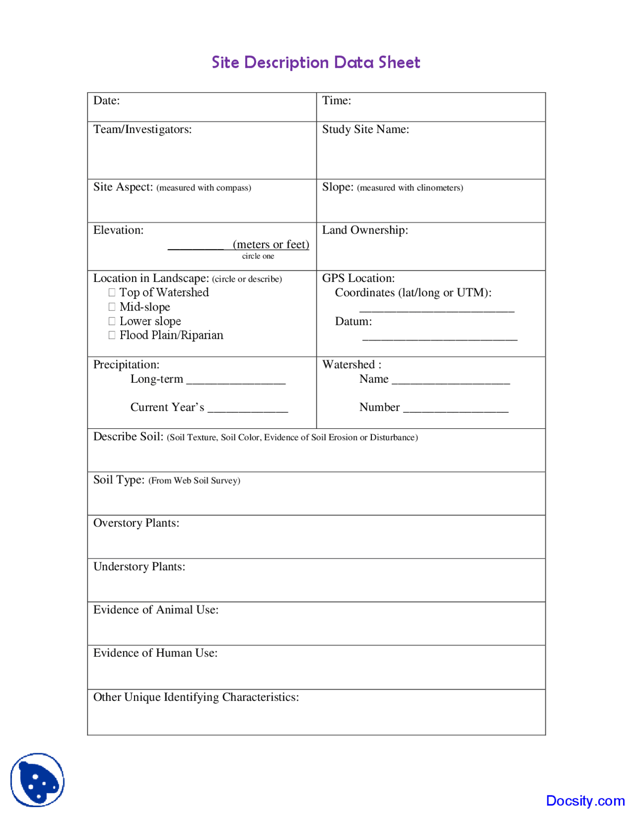 Site Description Data Sheet Rangeland Principles Lecture Handouts