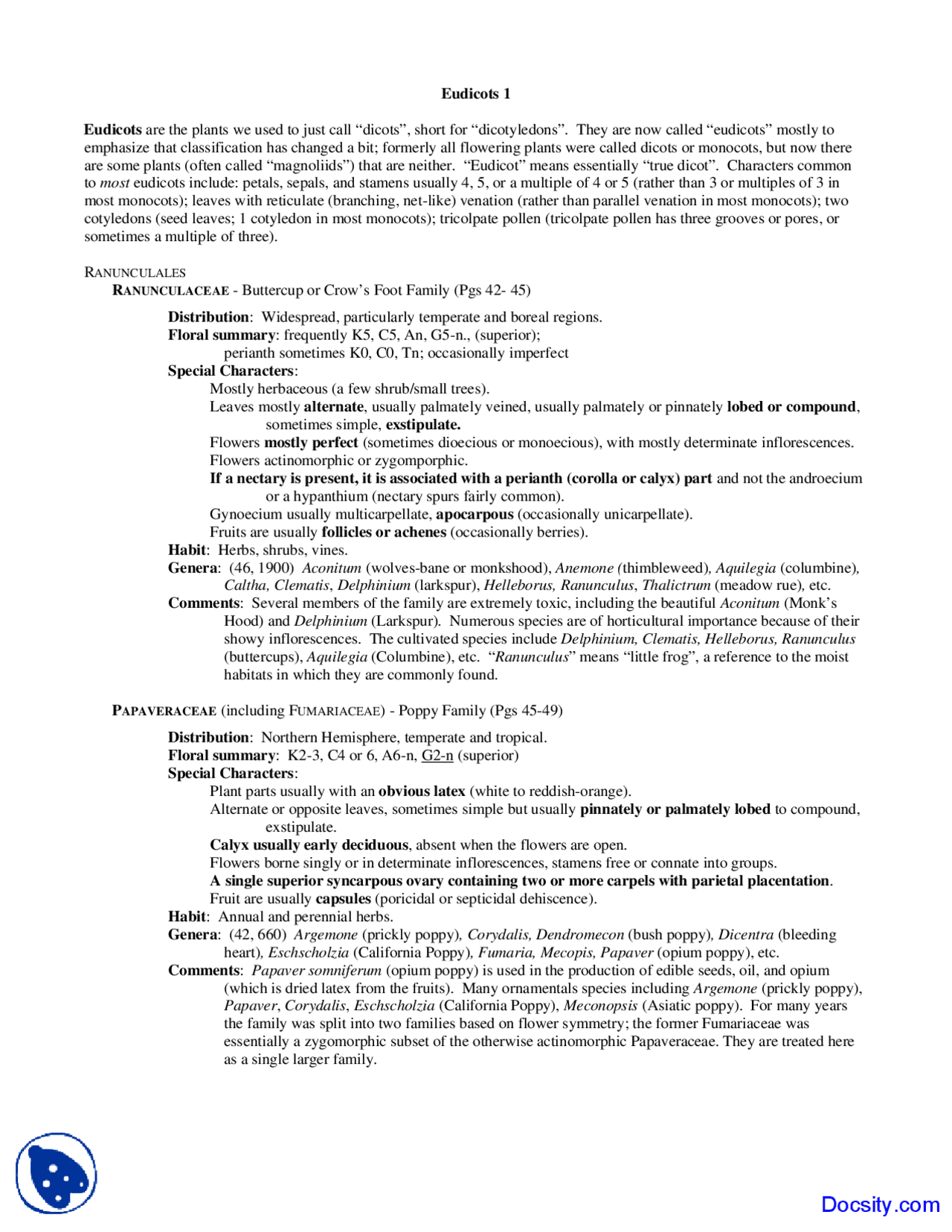 Eudicots Plant Taxonomy And Systematics Lecture Notes Docsity