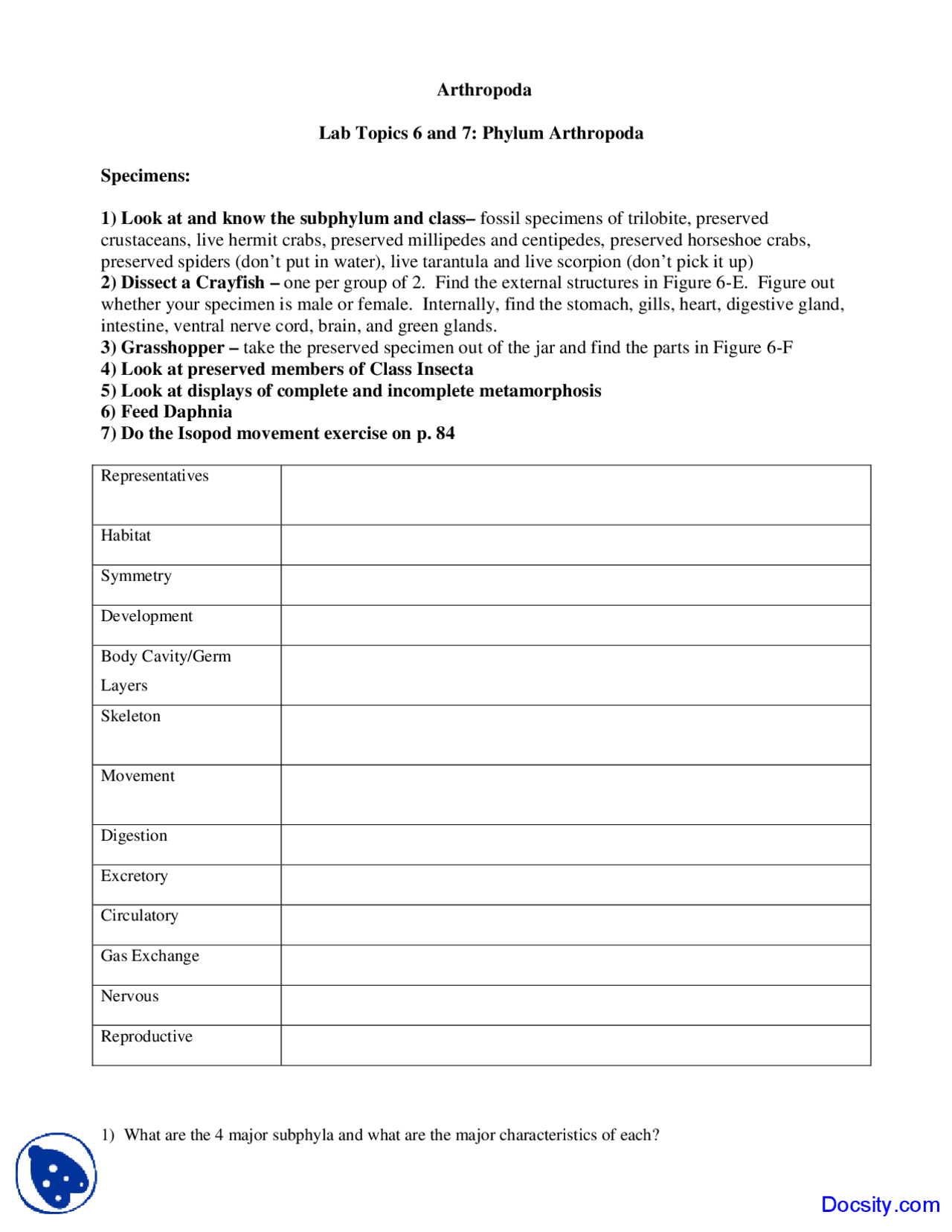Arthropoda - Biology of Organisms - Lecture Handouts - Docsity