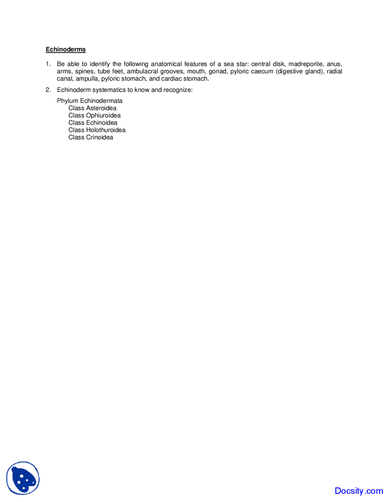Phylum Echinodermata Introduction To Biology Quiz Docsity