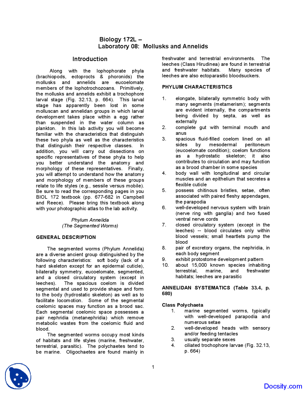 Mollusks And Annelids Introduction To Biology Lab Handout