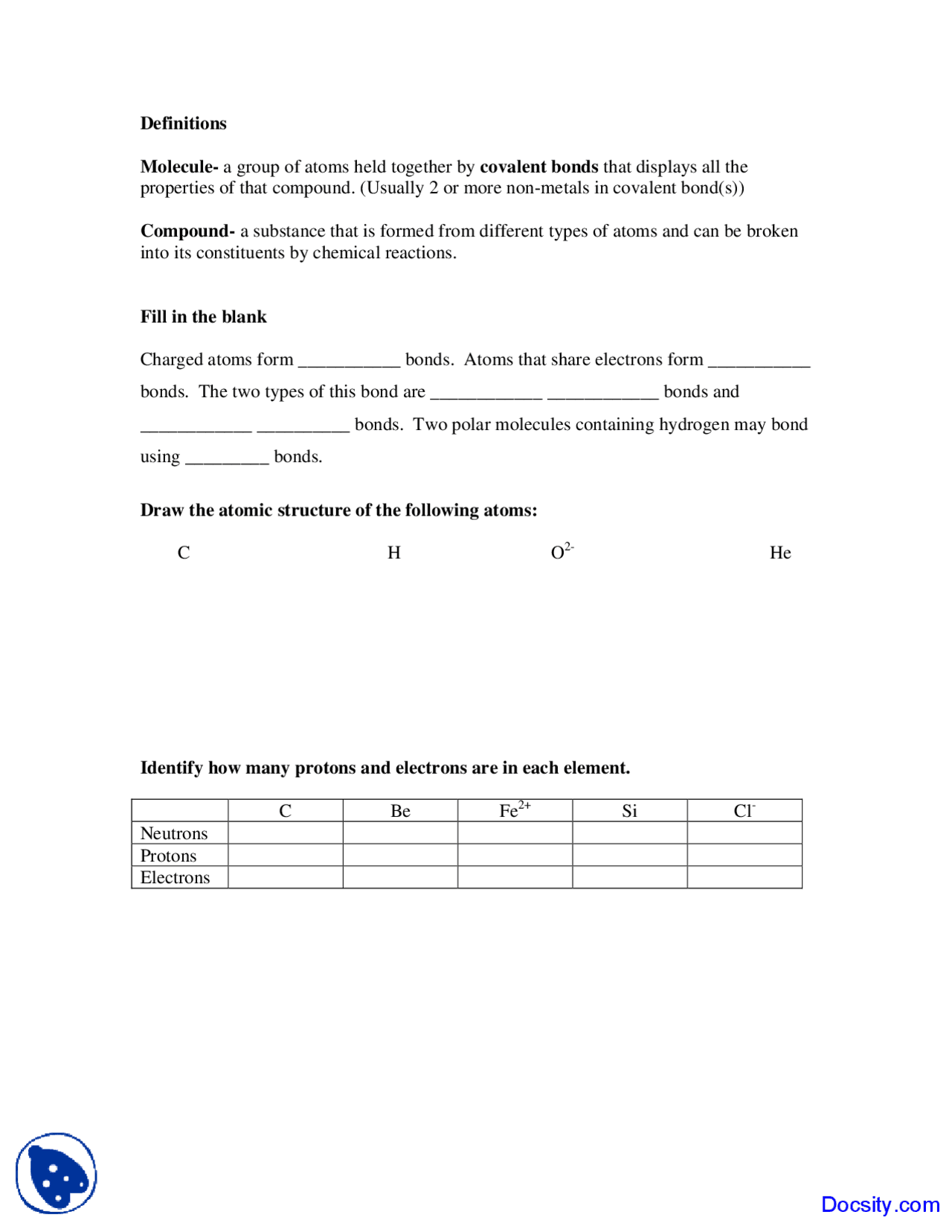 Molecule And Compound Introduction To Biology Quiz Docsity