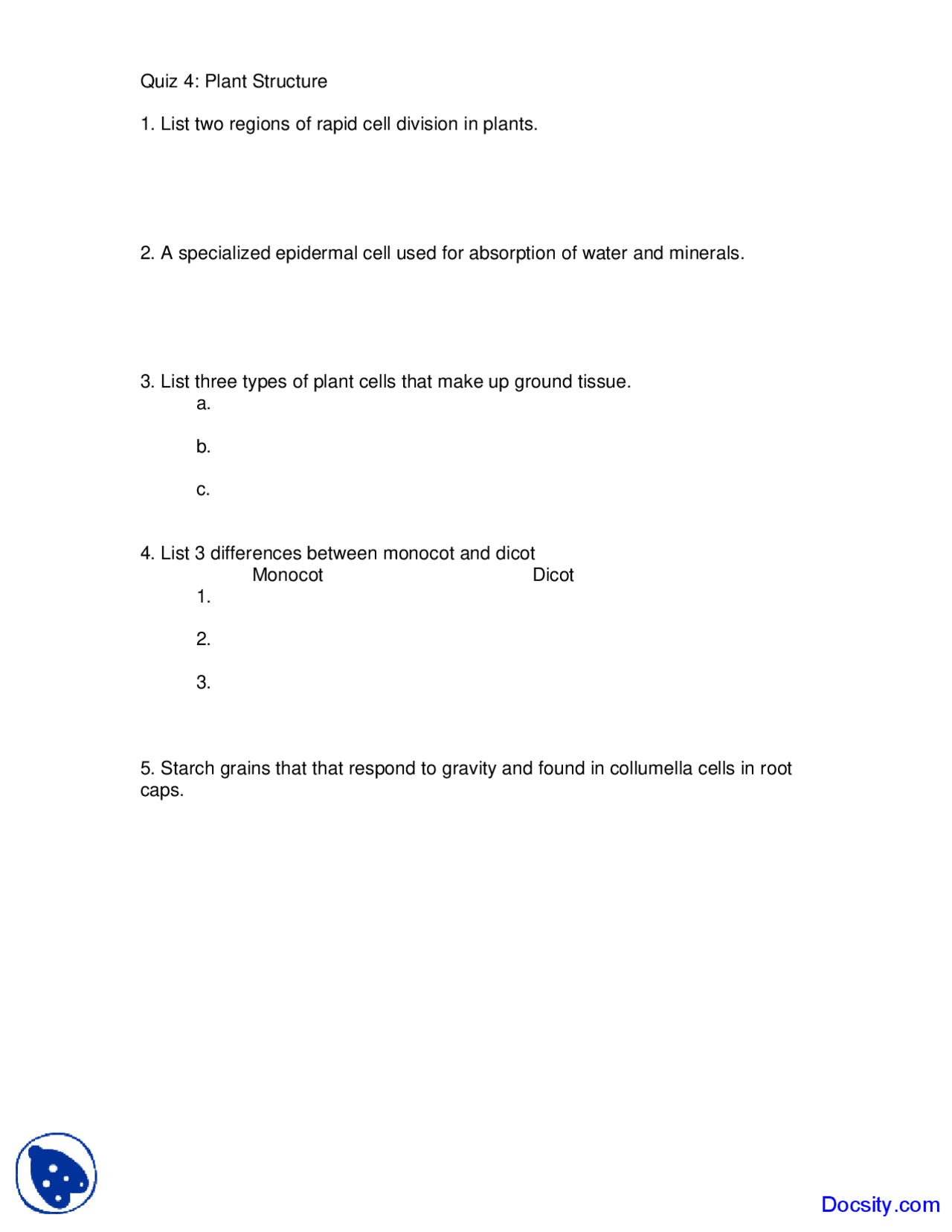 Plant Structure Introduction To Biology Quiz Docsity