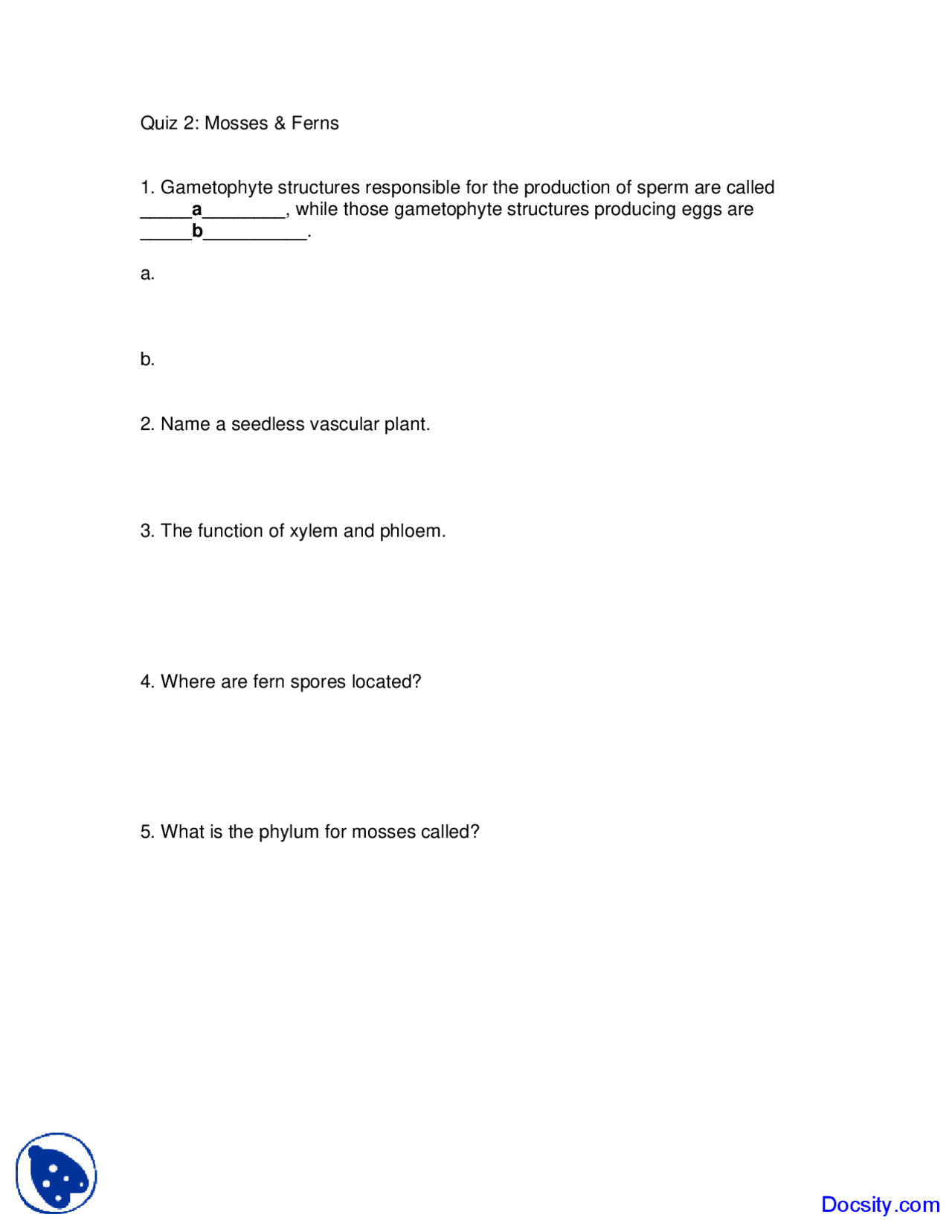 Mosses And Ferns Introduction To Biology Quiz Docsity