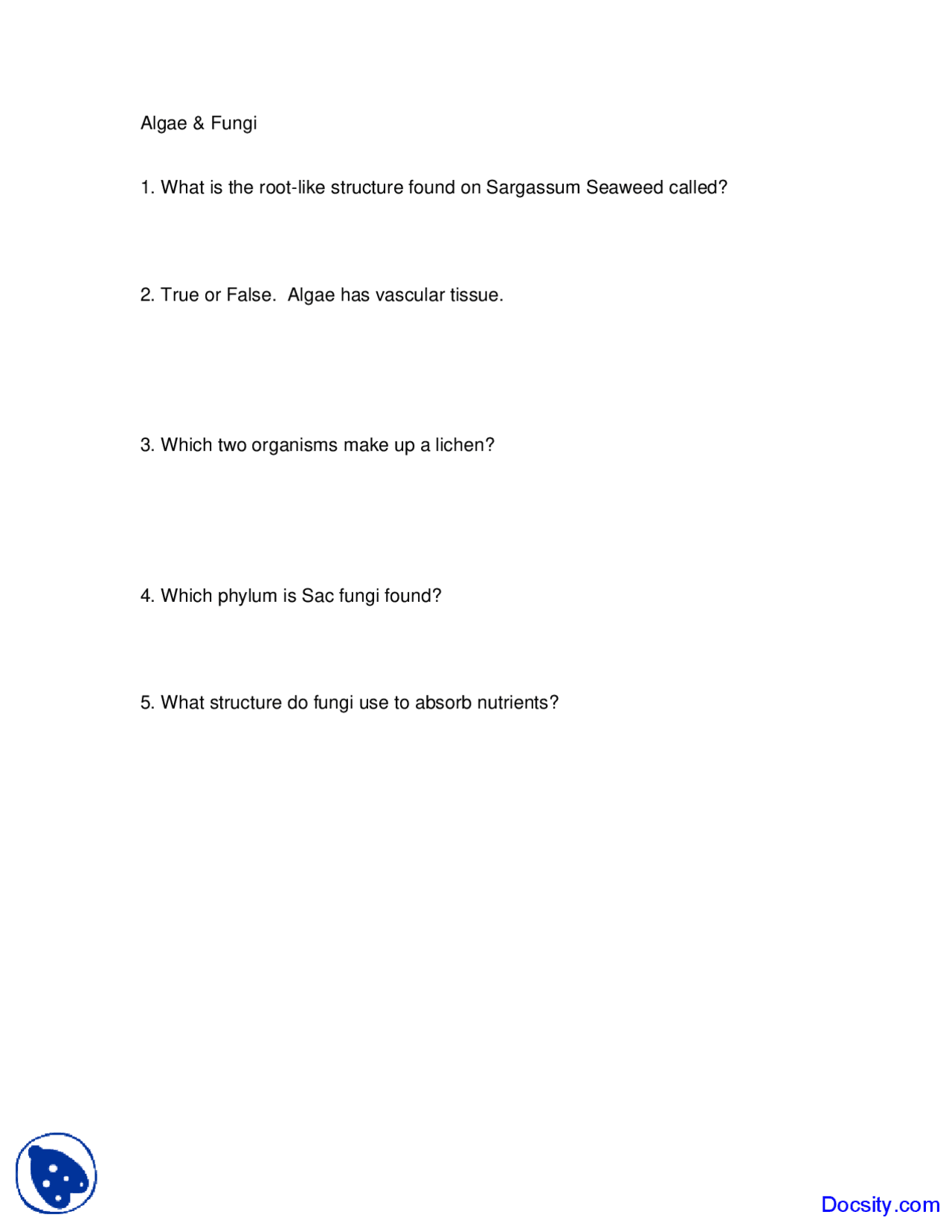 Algae and Fungi - Introduction to Biology - Quiz - Docsity