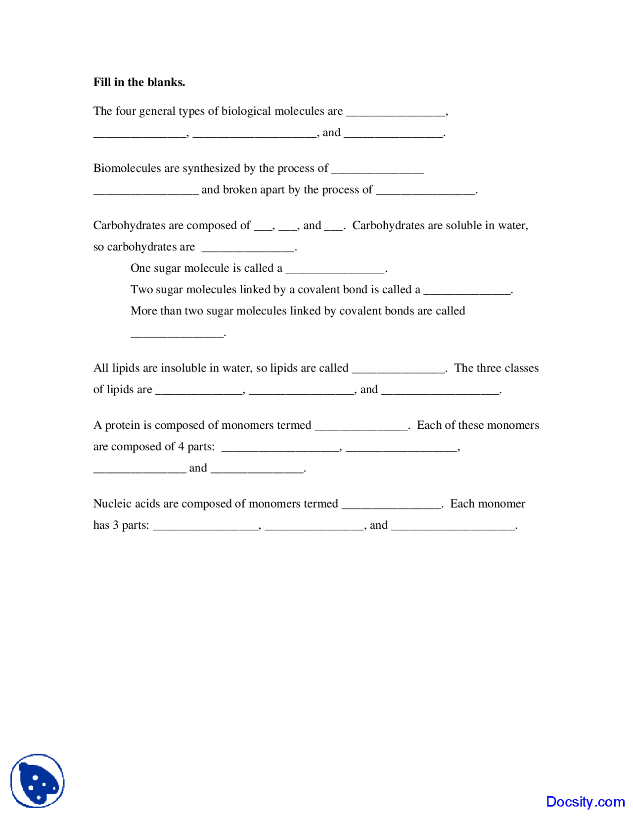 General Types of Biological Molecules - Introduction to Biology - Quiz ...