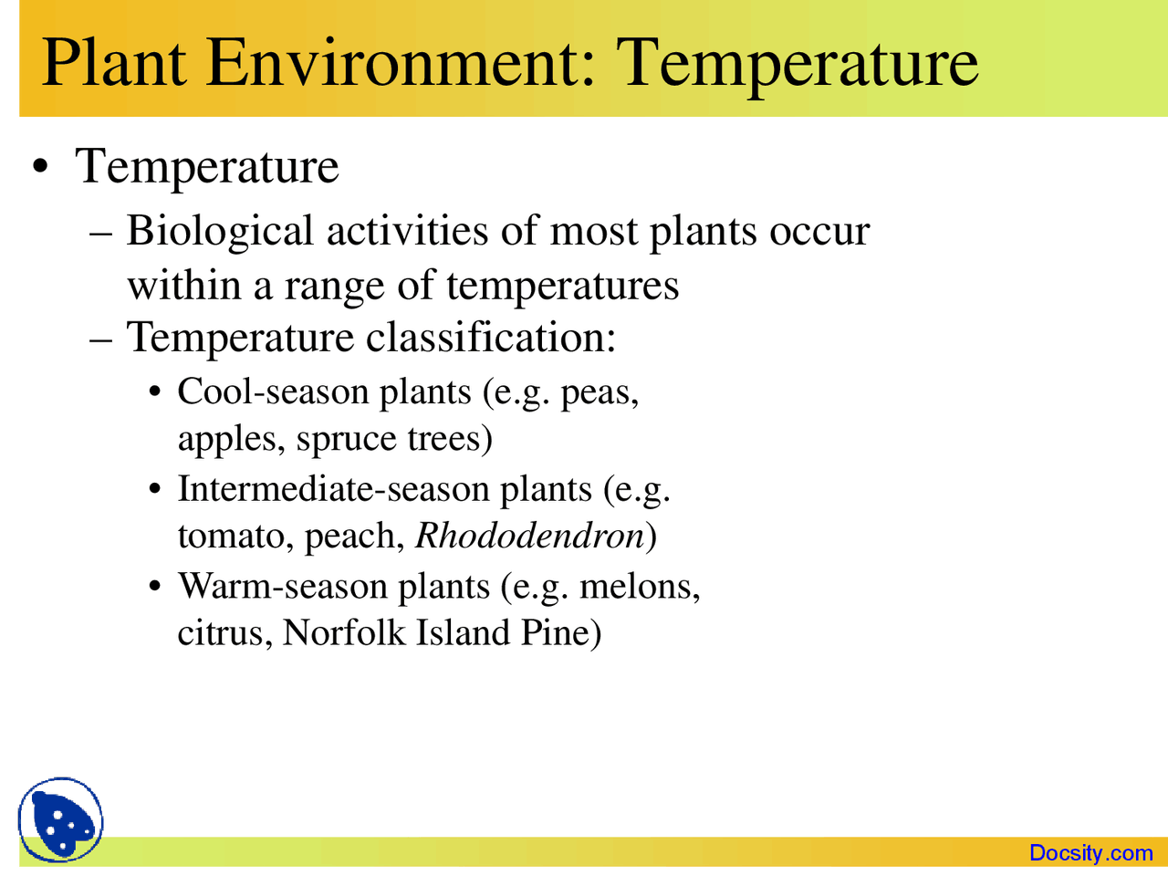 Plant Environment Temperature - Horticulture - Lecture Slides - Docsity