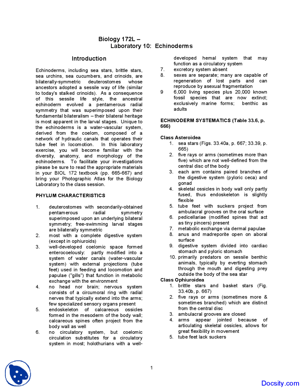 Echinoderms Introduction To Biology Lab Handout Docsity