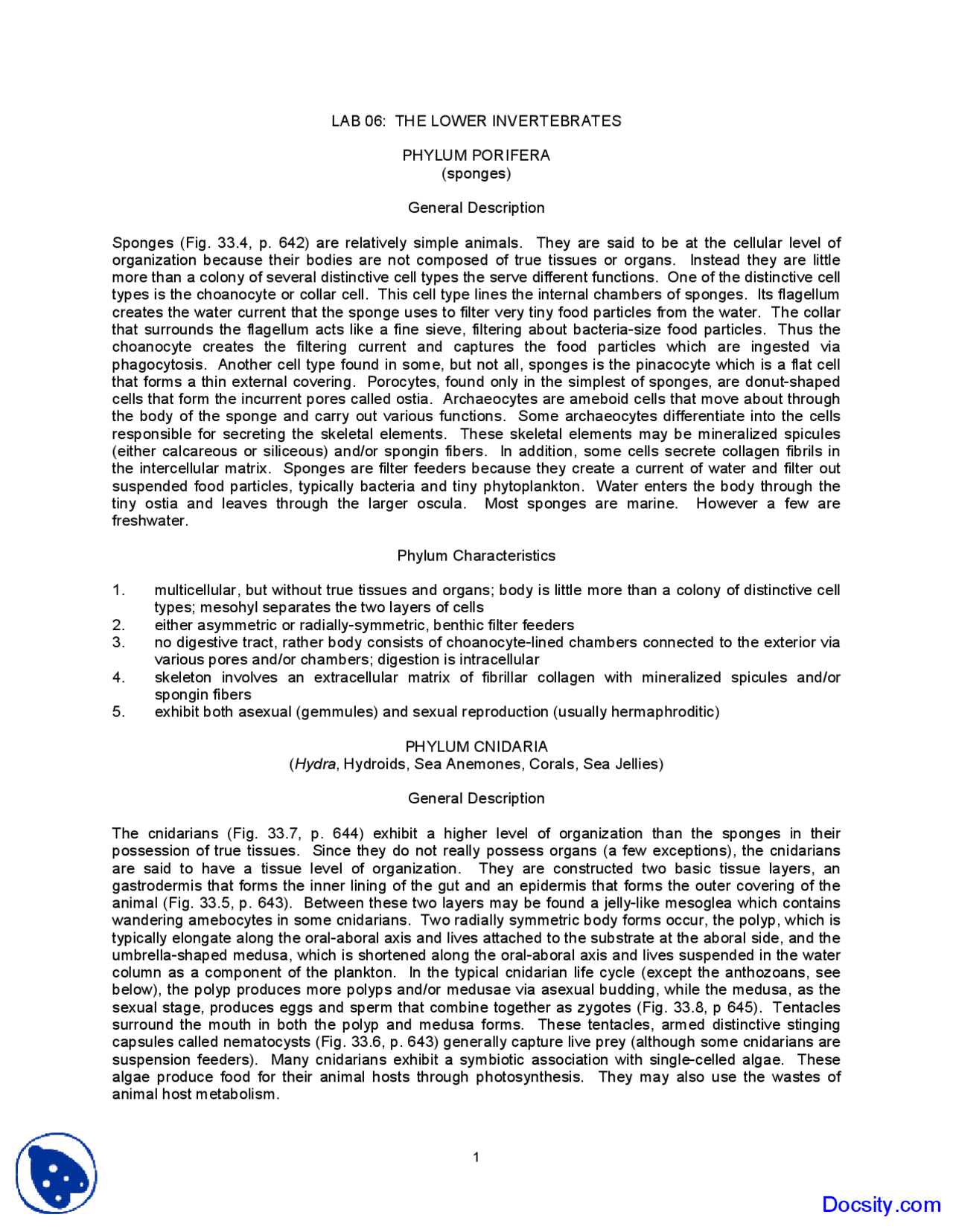 Lower Invertebrates Introduction To Biology Lab Handout Docsity