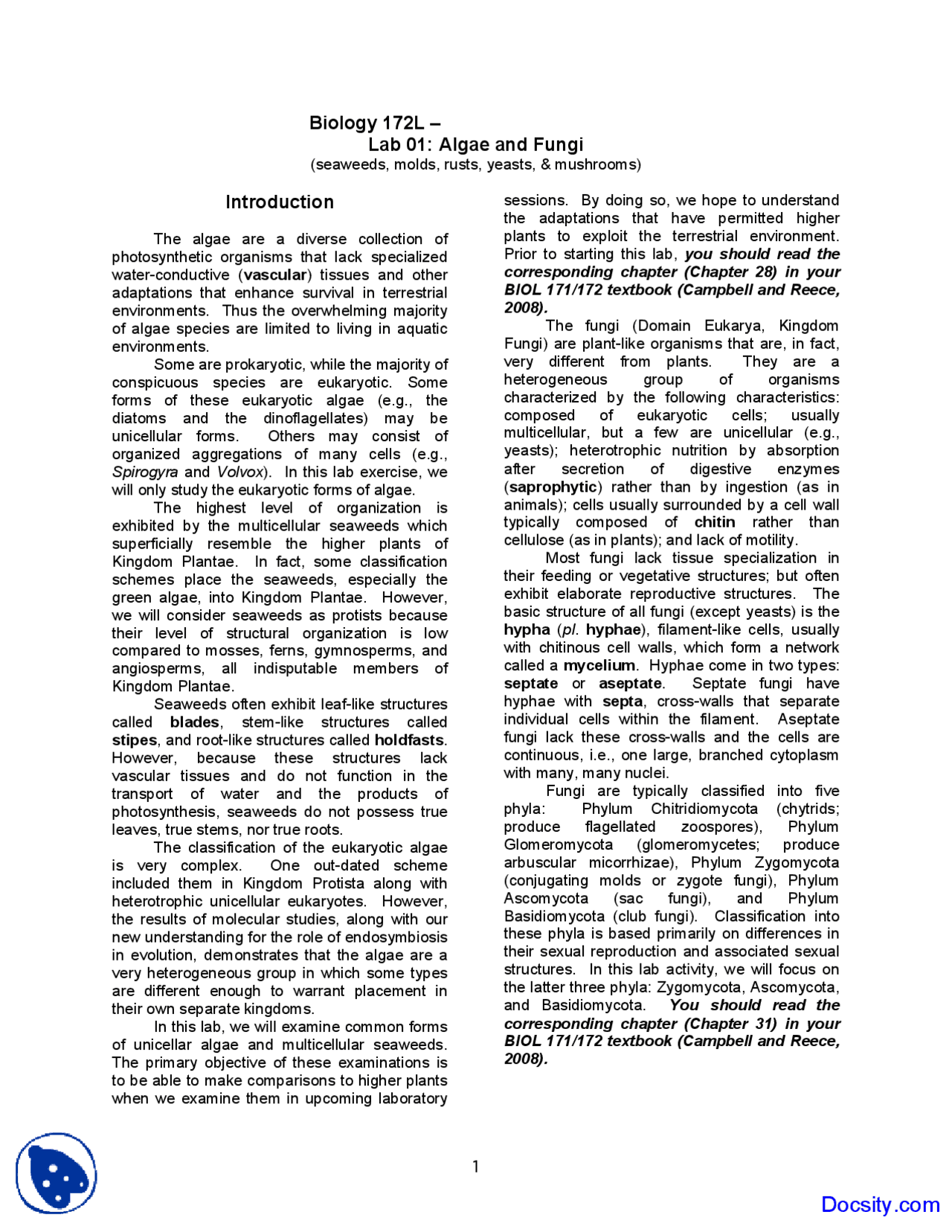 Algae And Fungi Introduction To Biology Lab Handout Docsity