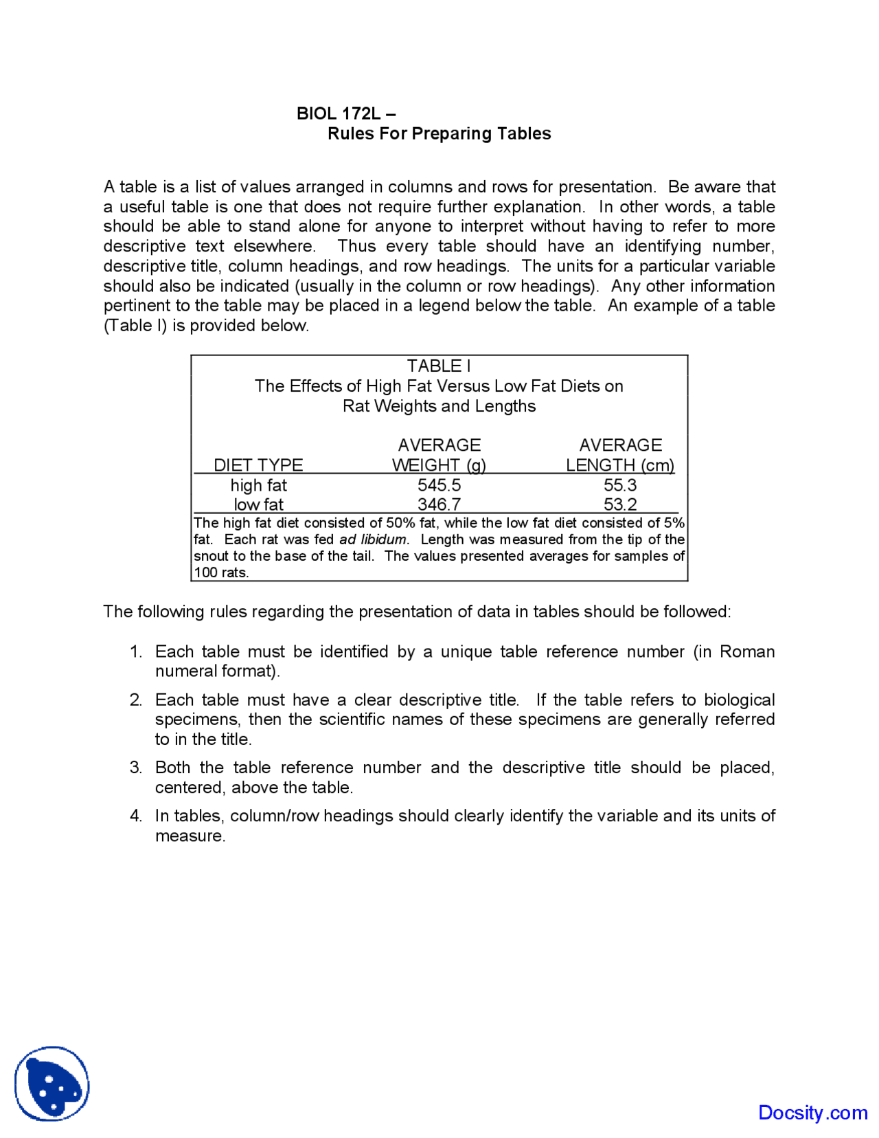 Rules for Preparing Tables - Introduction to Biology - Lab Handout ...