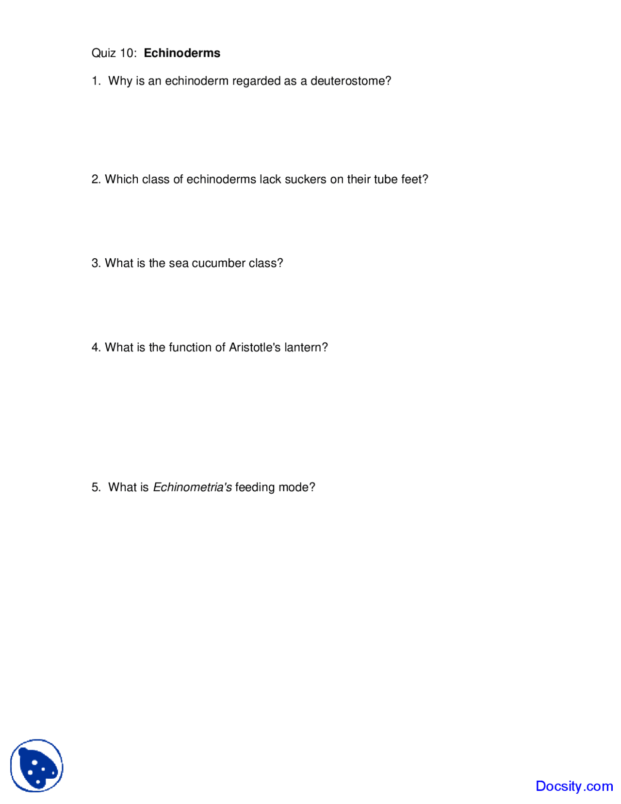 Echinoderms Introduction To Biology Quiz Docsity