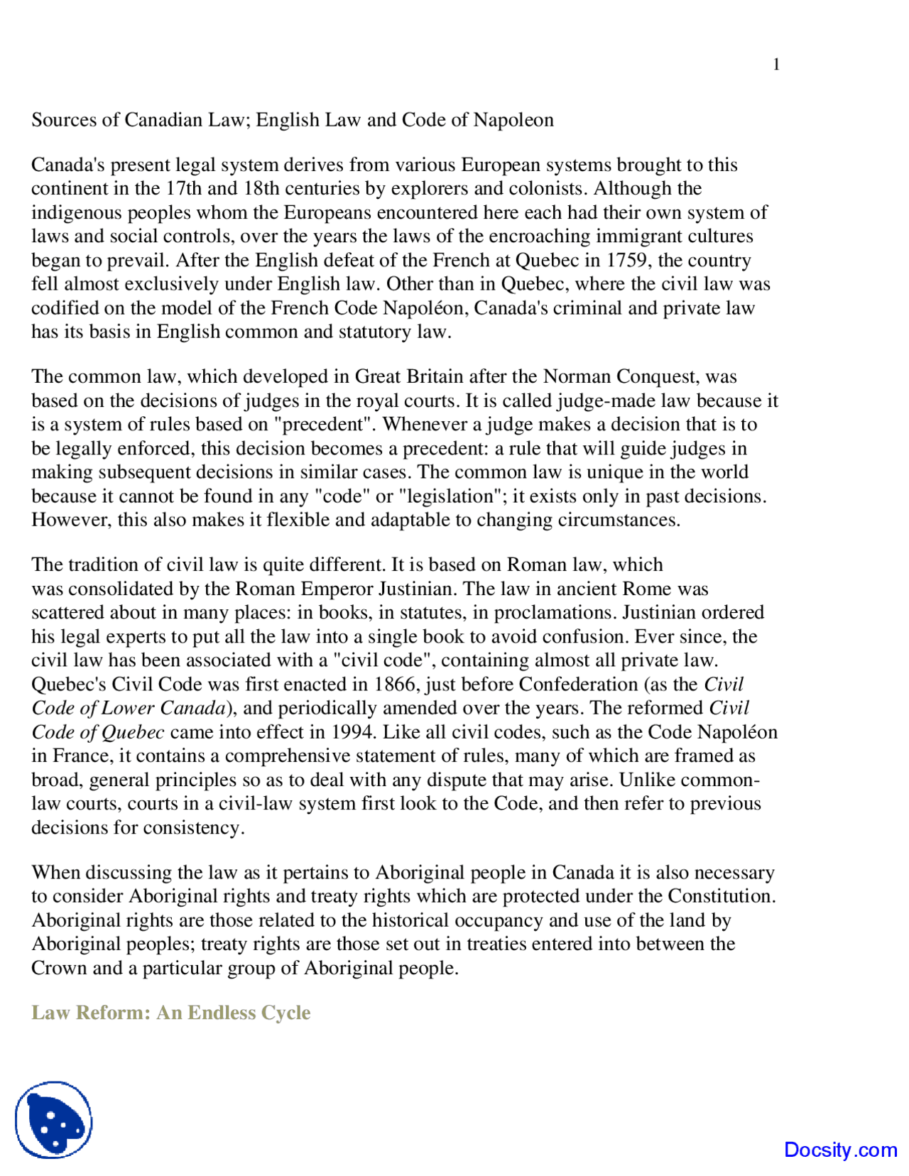 Sources of Canadian Law - Fundamentals of Law - Lecture Notes - Docsity