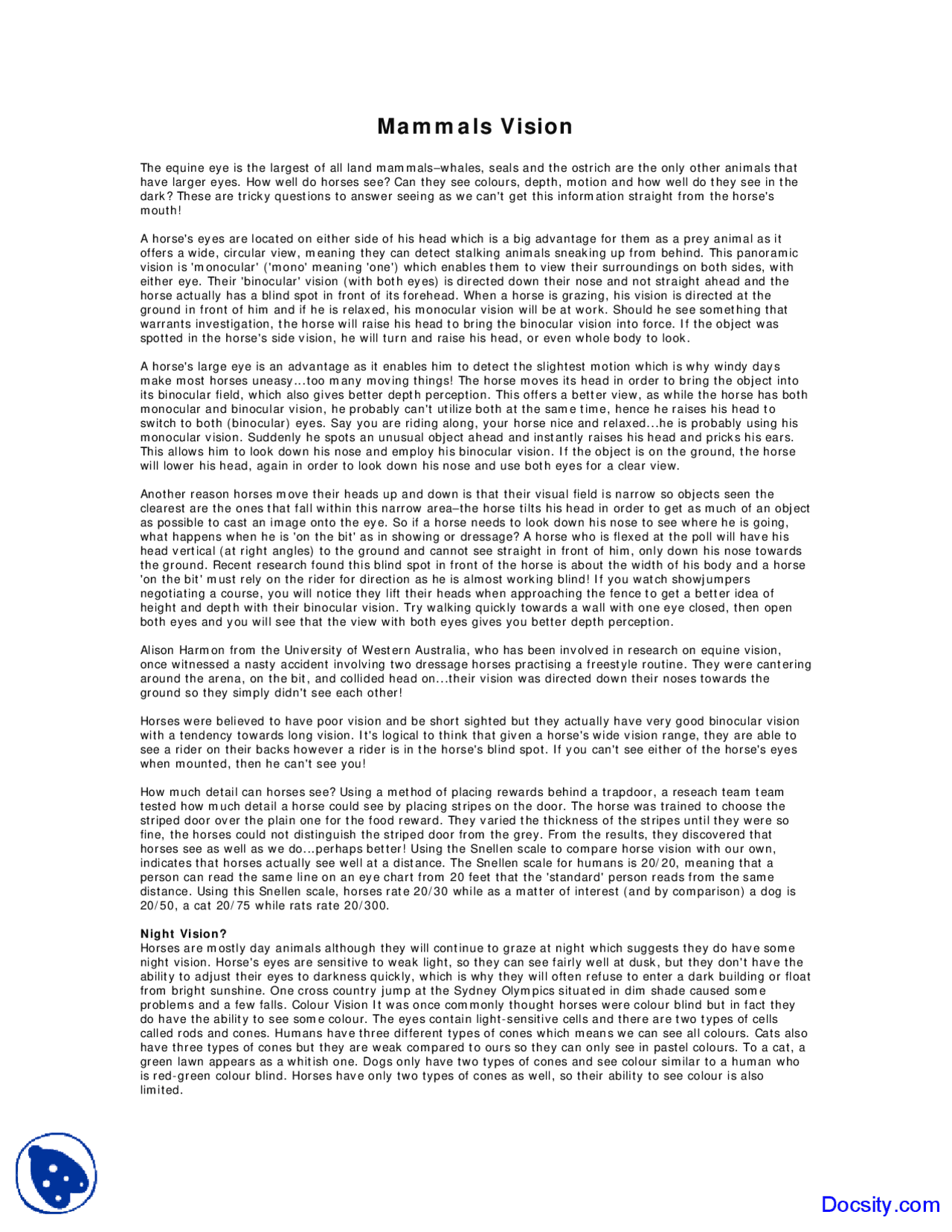 Mammals Vision Wild Life Ecology Lecture Notes Docsity