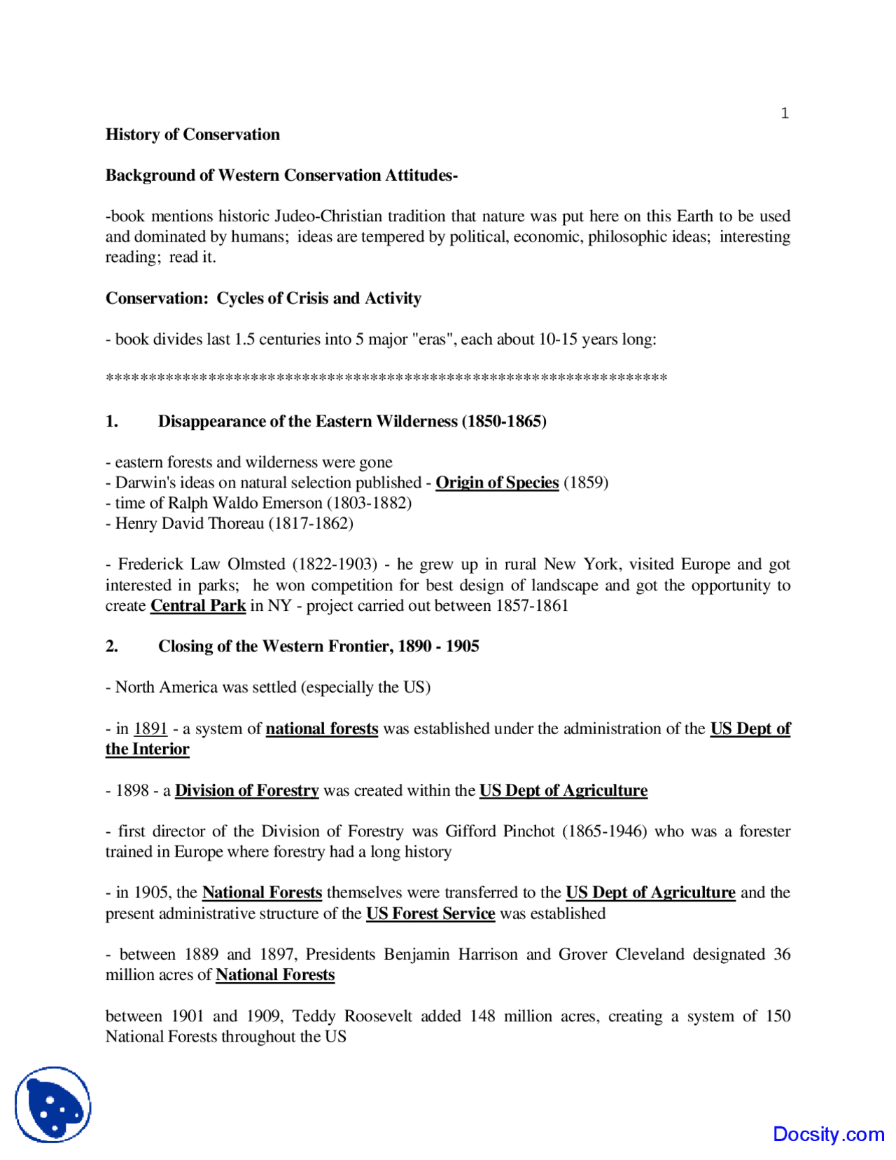 History of Conservation - Wild Life Ecology - Lecture Notes - Docsity