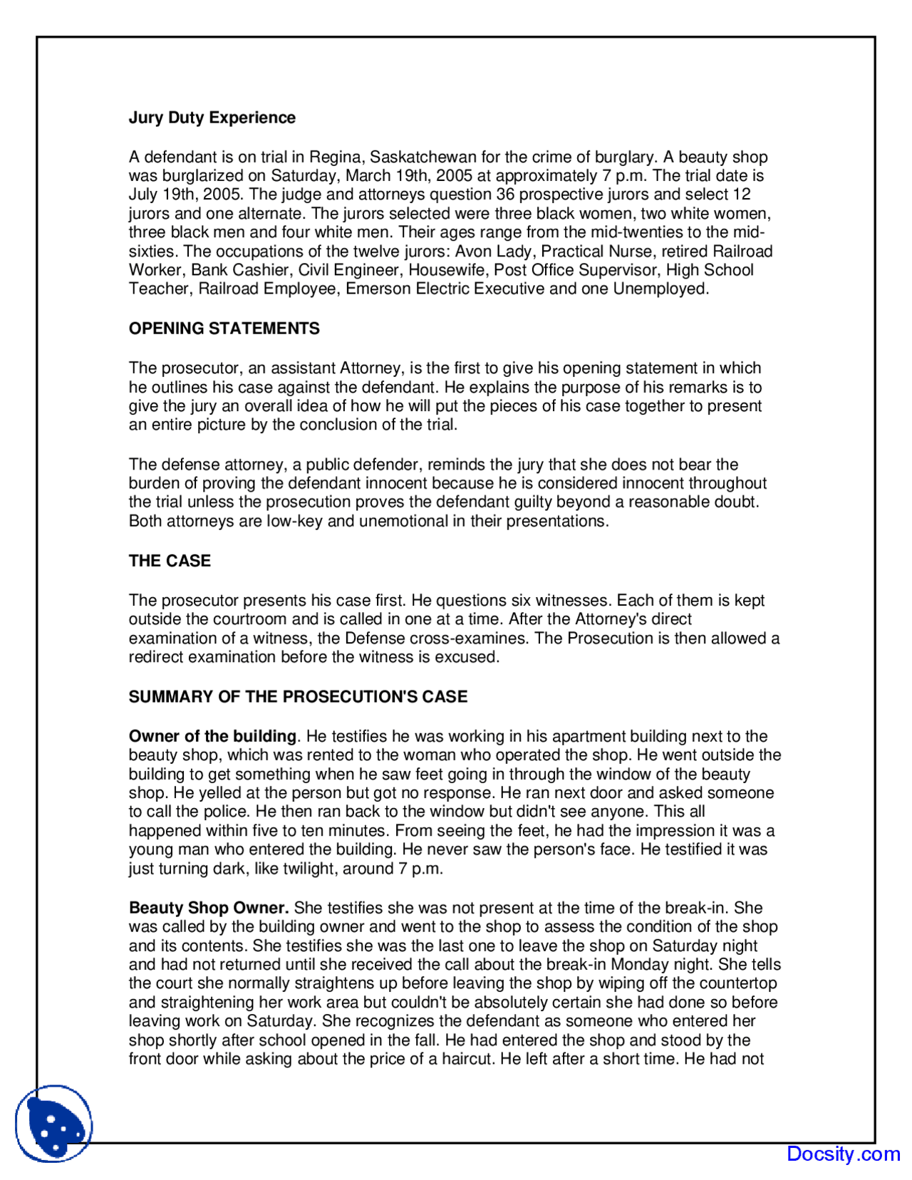Jury Duty Experience - Criminal Law - Lecture Notes - Docsity