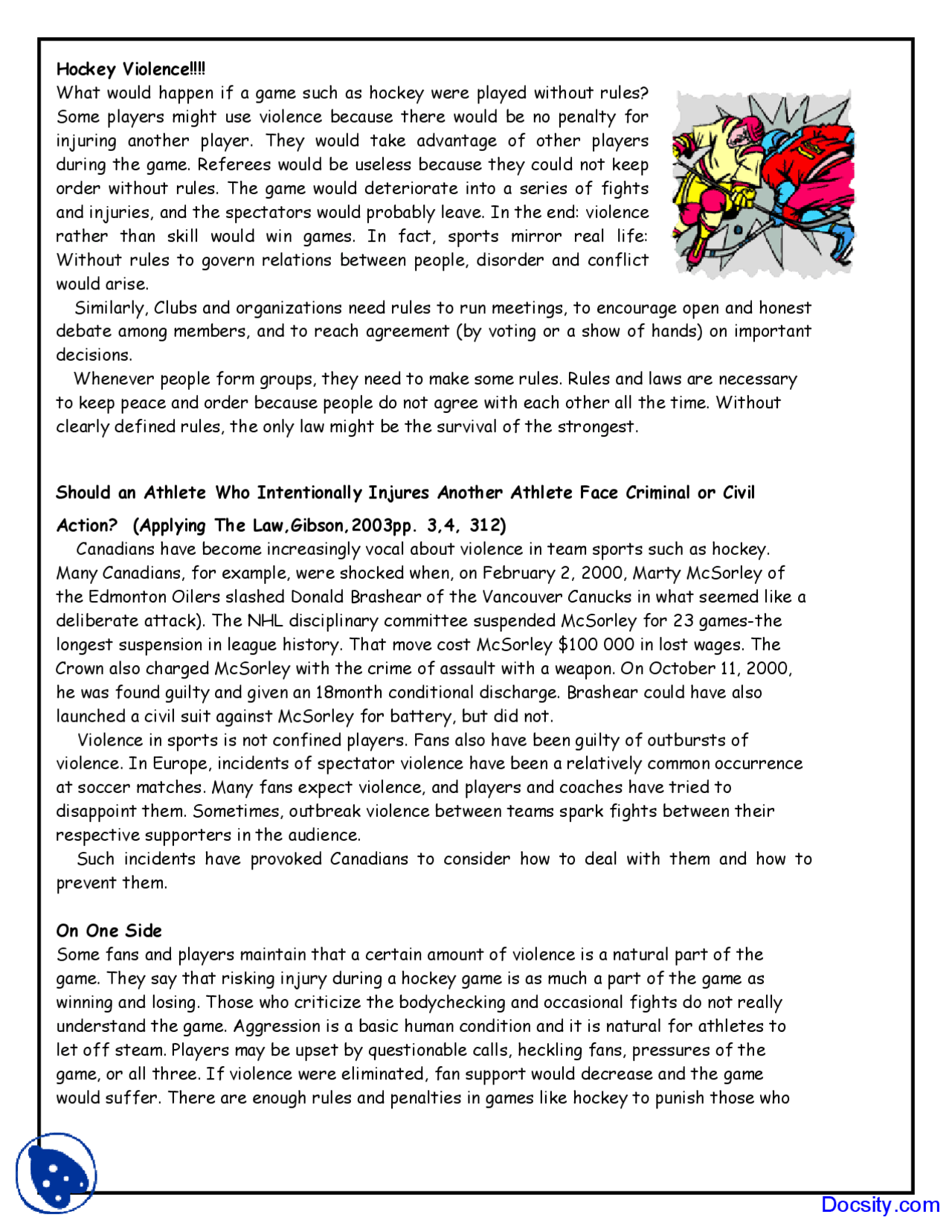 Hockey Violence Inquiry Unit Lecture Notes Docsity