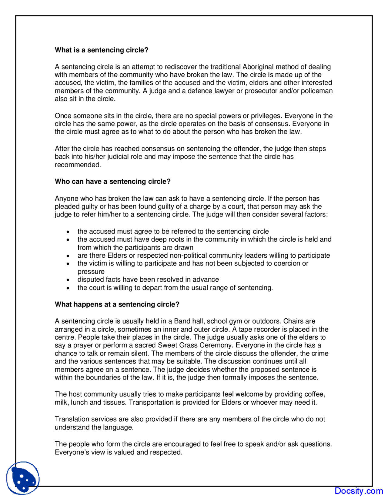 Sentencing Circle - Sentencing and Correctional System - Lecture Notes ...