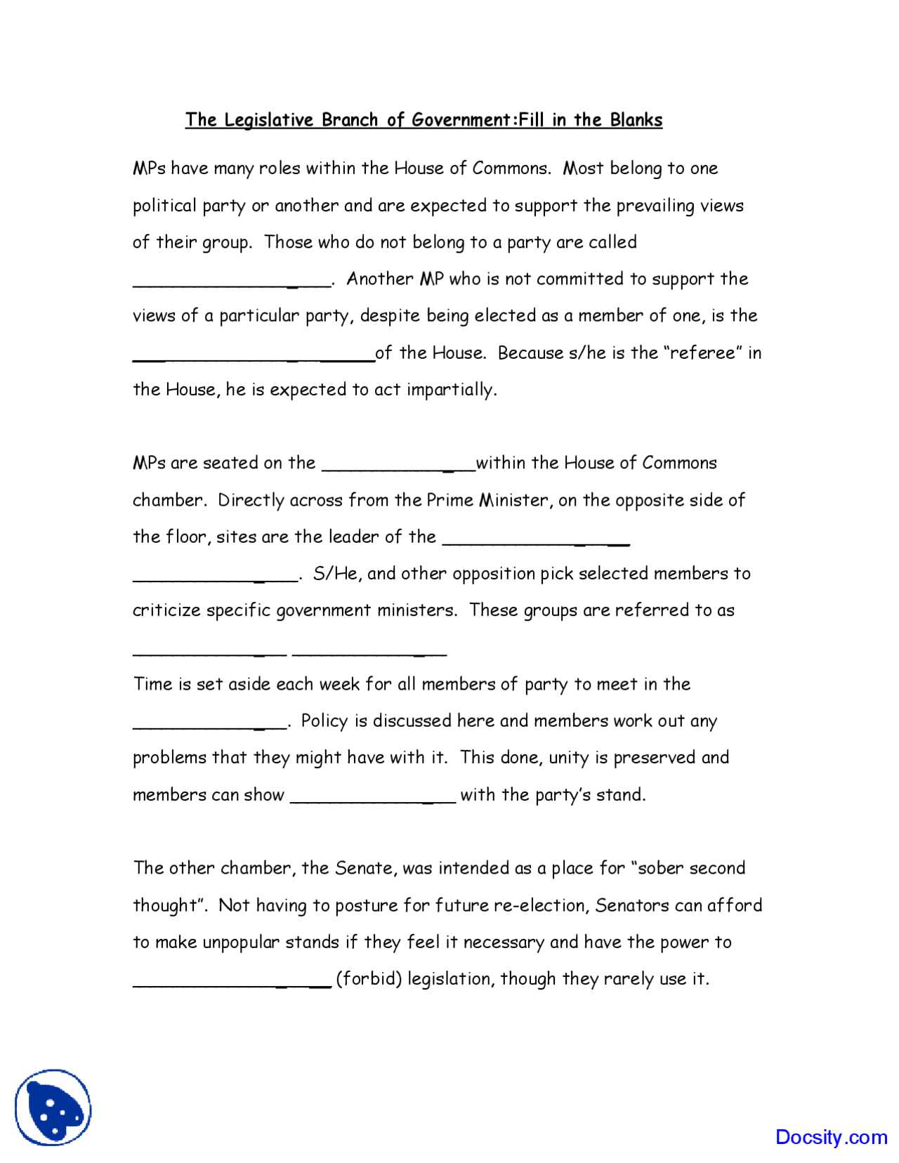 Legislative Branch of Government - Fundamentals of Law - Quiz - Docsity