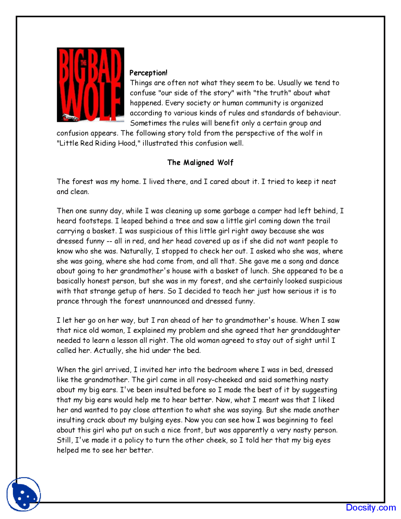 Maligned Wolf Inquiry Unit Lecture Notes Docsity
