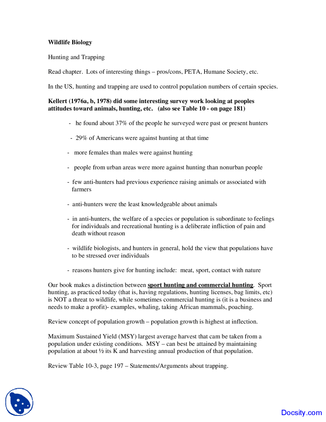 Hunting And Trapping Wild Life Ecology Lecture Notes Docsity