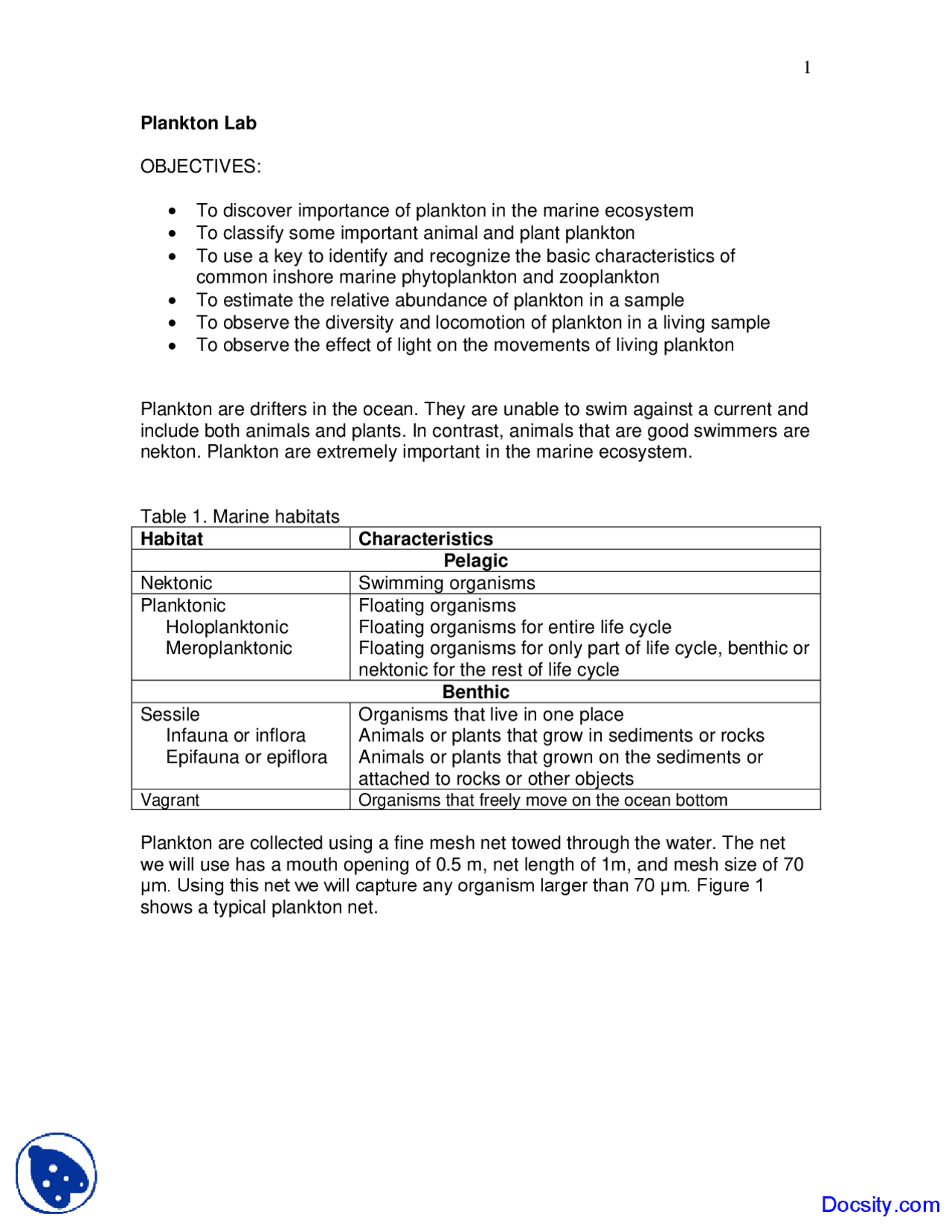 Plankton - Coral Reef Lab and Field Studies - Lab Manual - Docsity