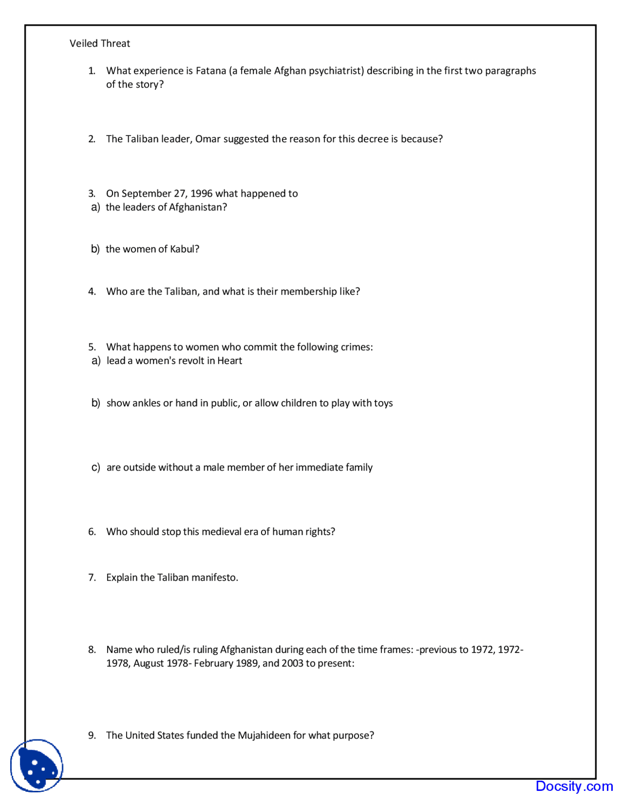 Veiled Threat Inquiry Unit Quiz Docsity