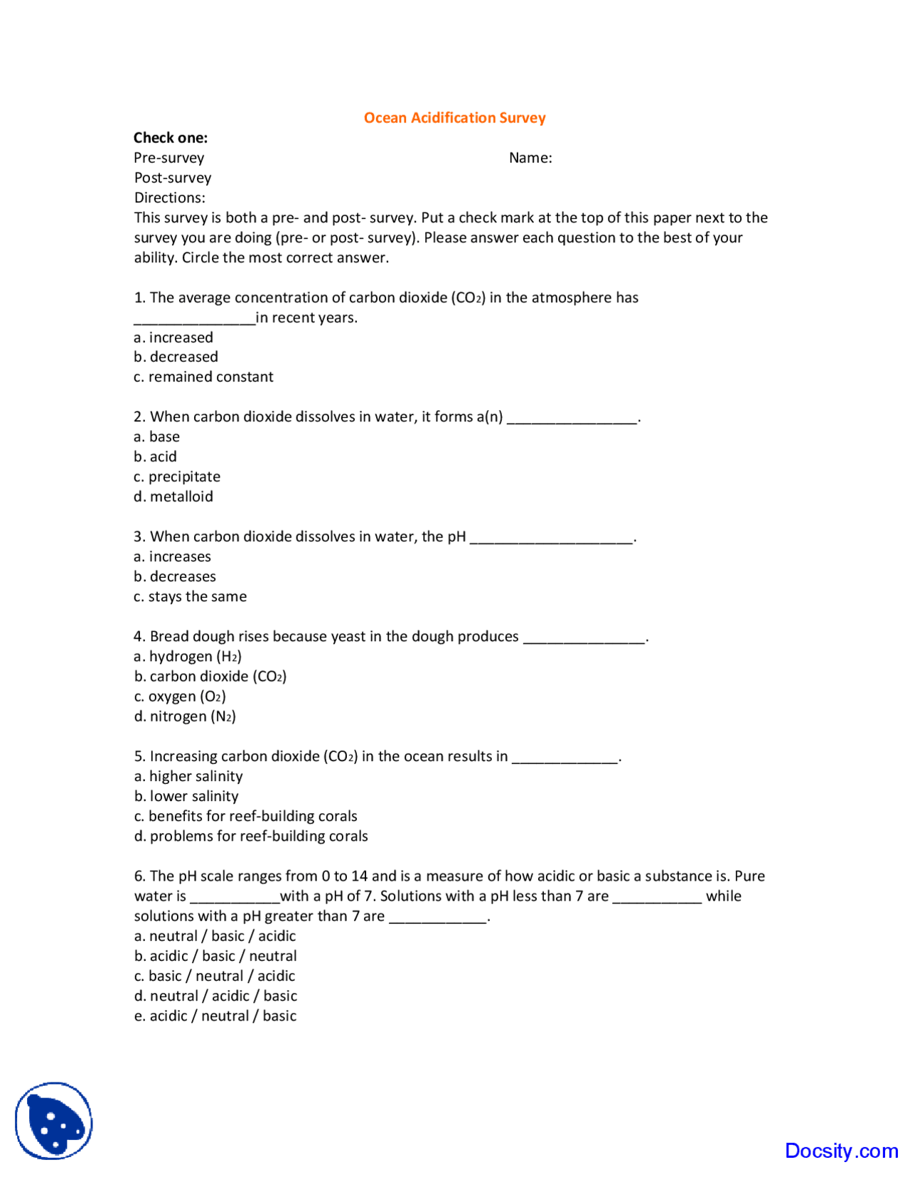 Ocean Acidification - Coral Reef Lab and Field Studies - Quiz - Docsity