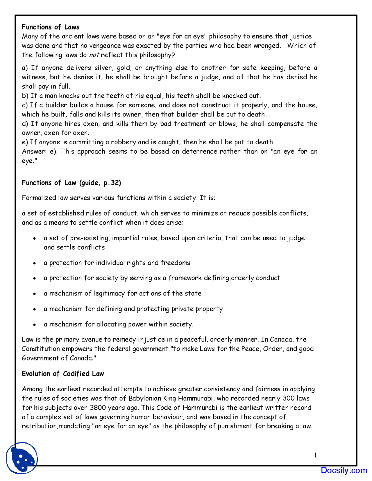Functions of Laws - Fundamentals of Law - Lecture Notes - Docsity