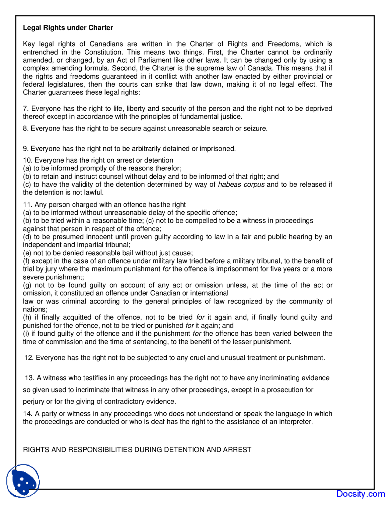 Legal Rights under Charter - Policing and Arrest - Lecture Notes - Docsity