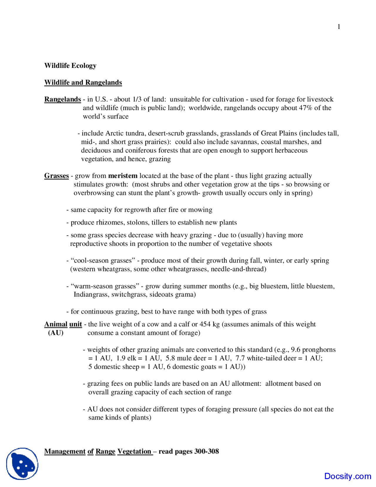 Wildlife And Rangelands Wild Life Ecology Lecture Notes Docsity
