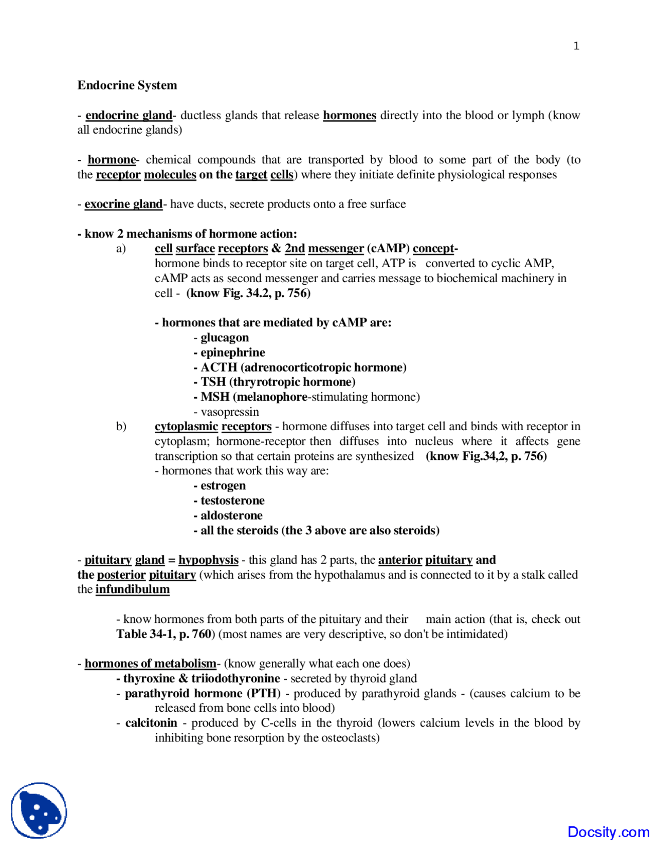 Endocrine System - Vertebrate Zoology - Lecture Notes - Docsity