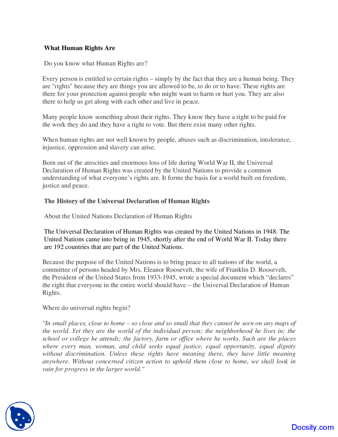 What Human Rights Are - Rights and Freedoms - Lecture Notes - Docsity