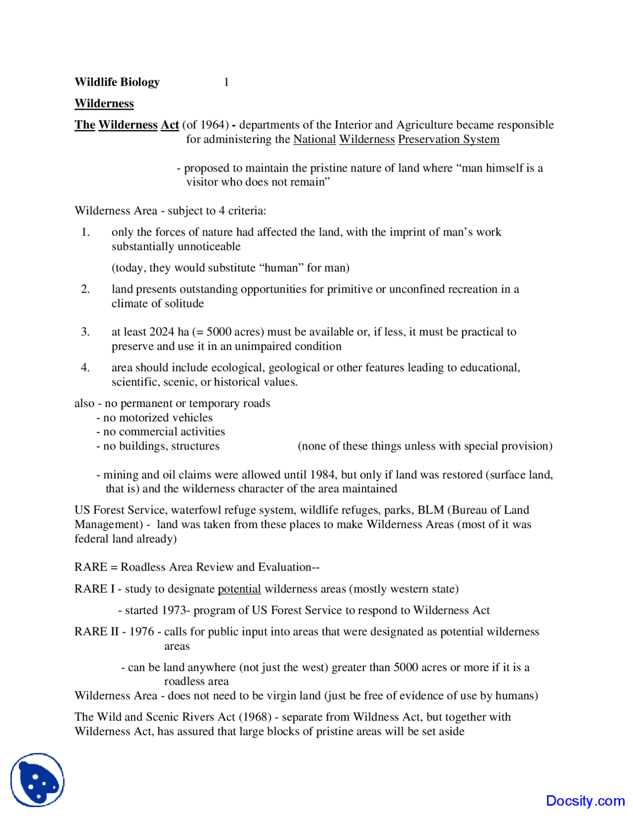 Wilderness Wild Life Ecology Lecture Notes Docsity