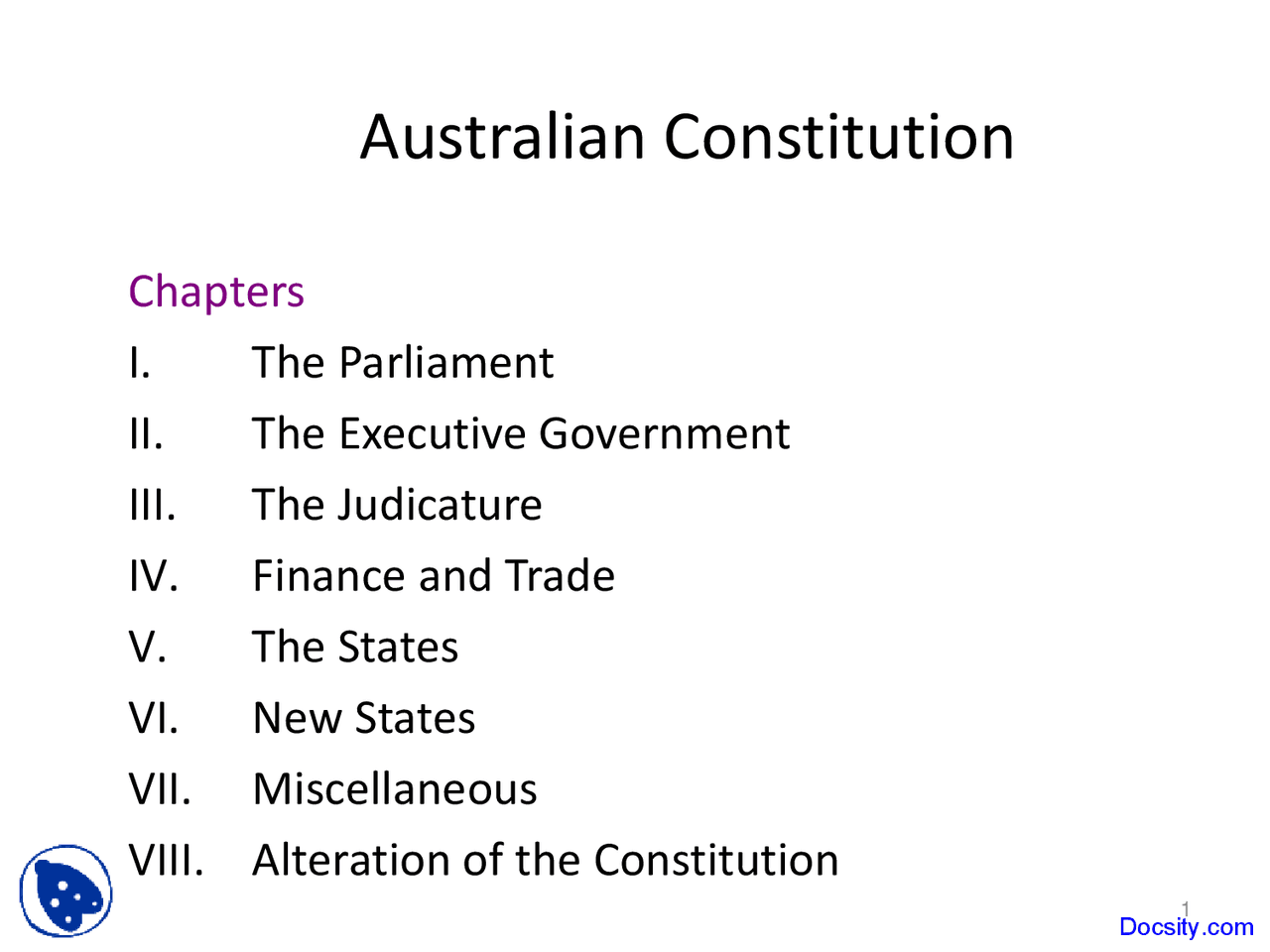 Australian Constitution - Fundamentals of Law - Lecture Slides - Docsity