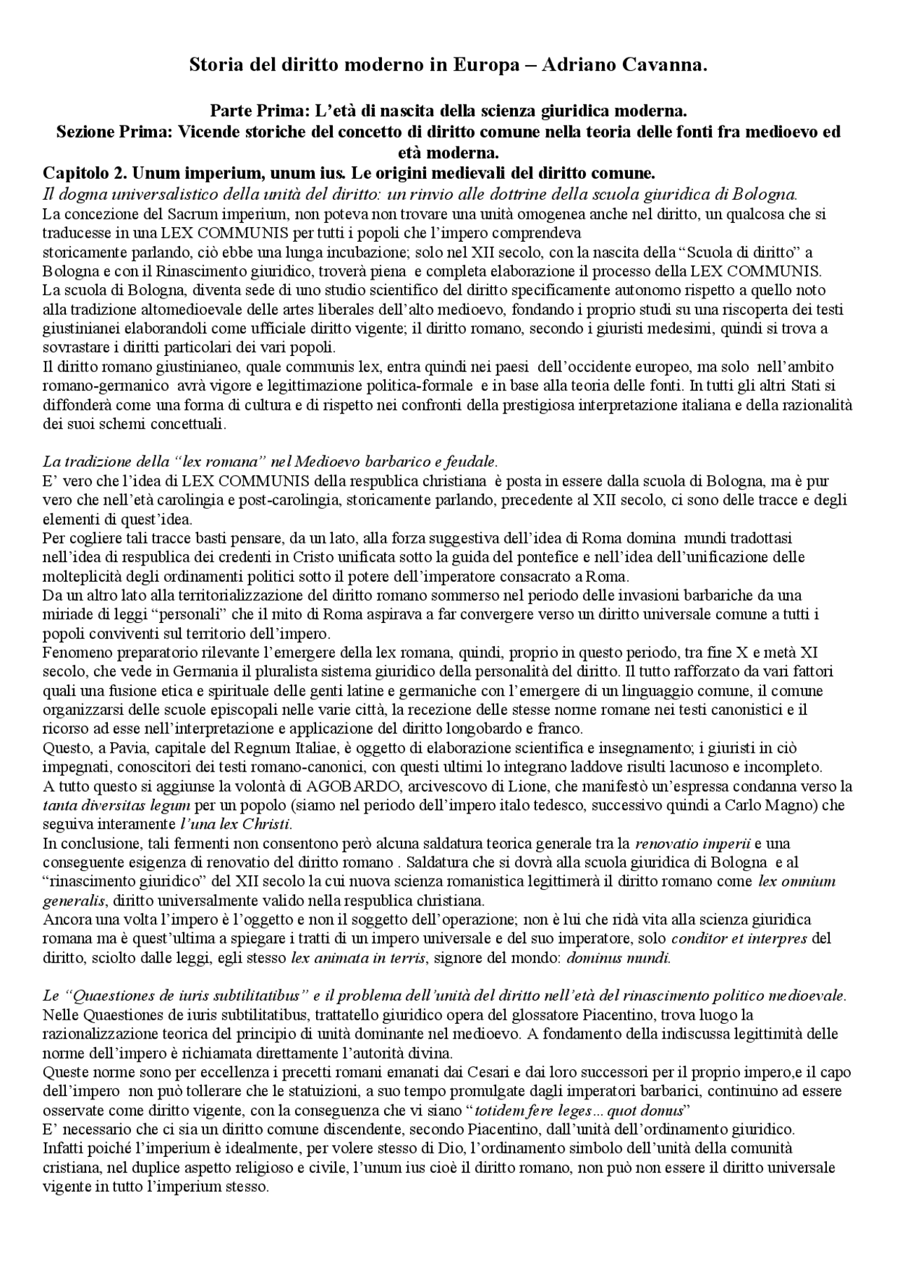 Riassunto Storia Del Diritto Moderno In Europa Cavanna Docsity