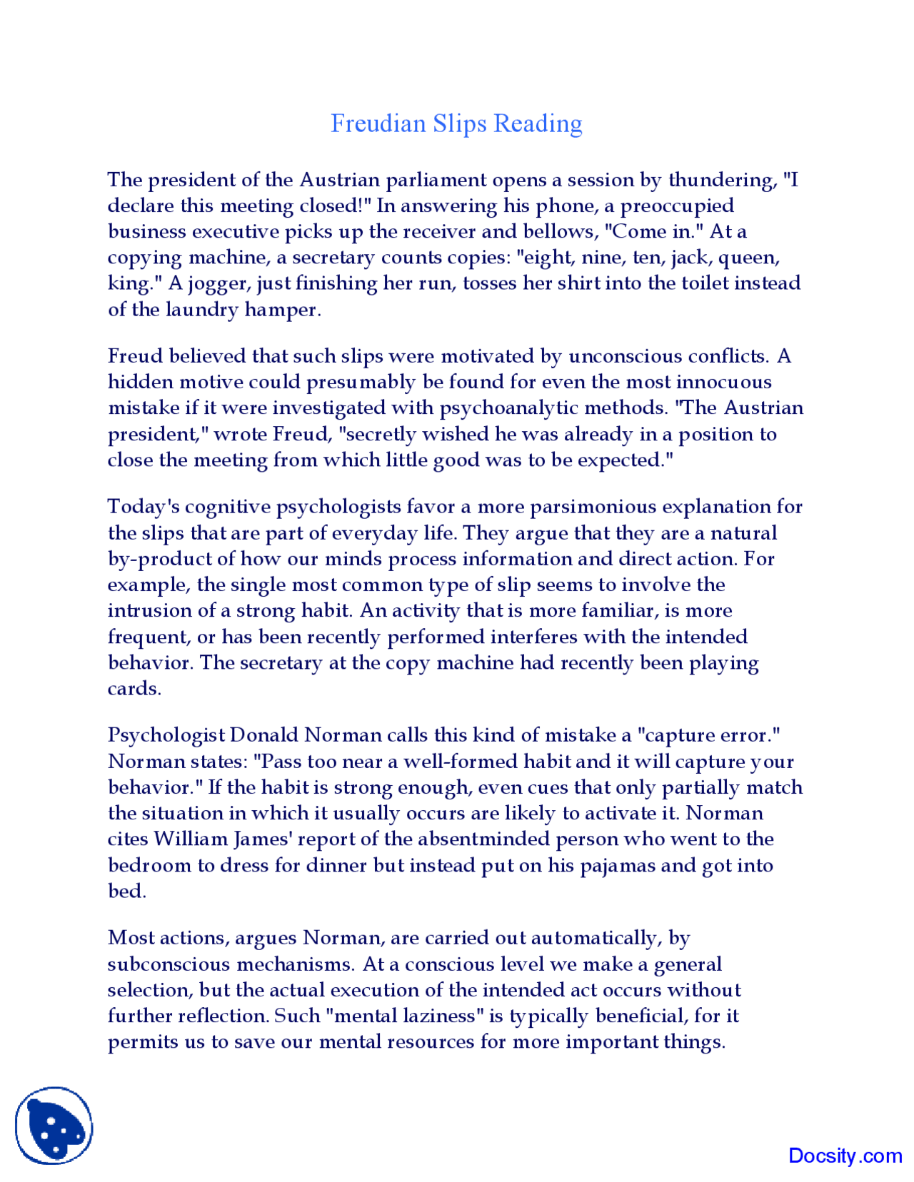 Freudian Slips Advanced Placement Psychology Lecture Notes Docsity