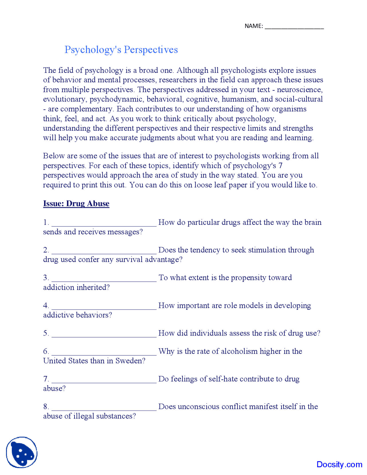 Psychology Perspectives - Advanced Placement Psychology - Assingment ...