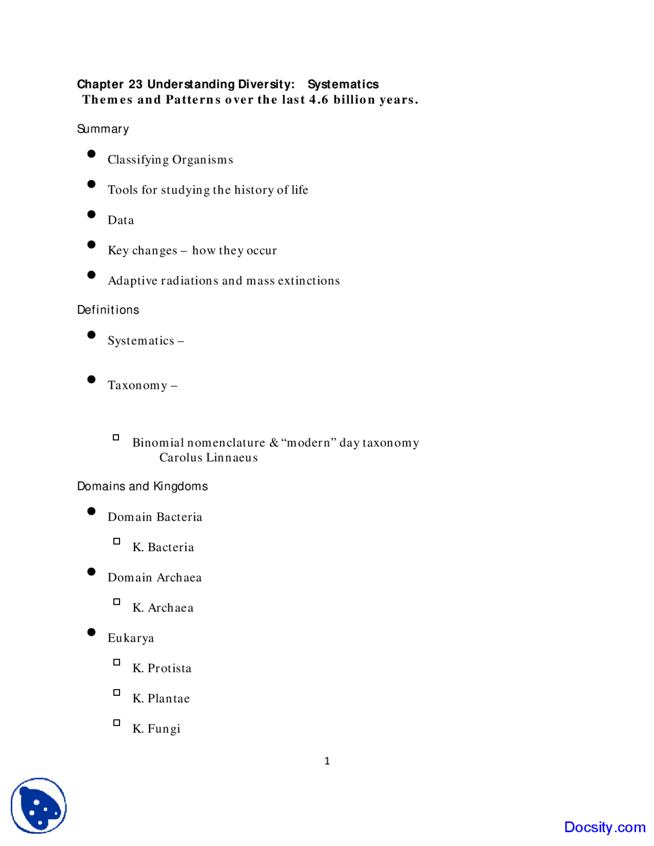 Understanding Diversity Fundametnals Of Biology Lecture Notes Docsity