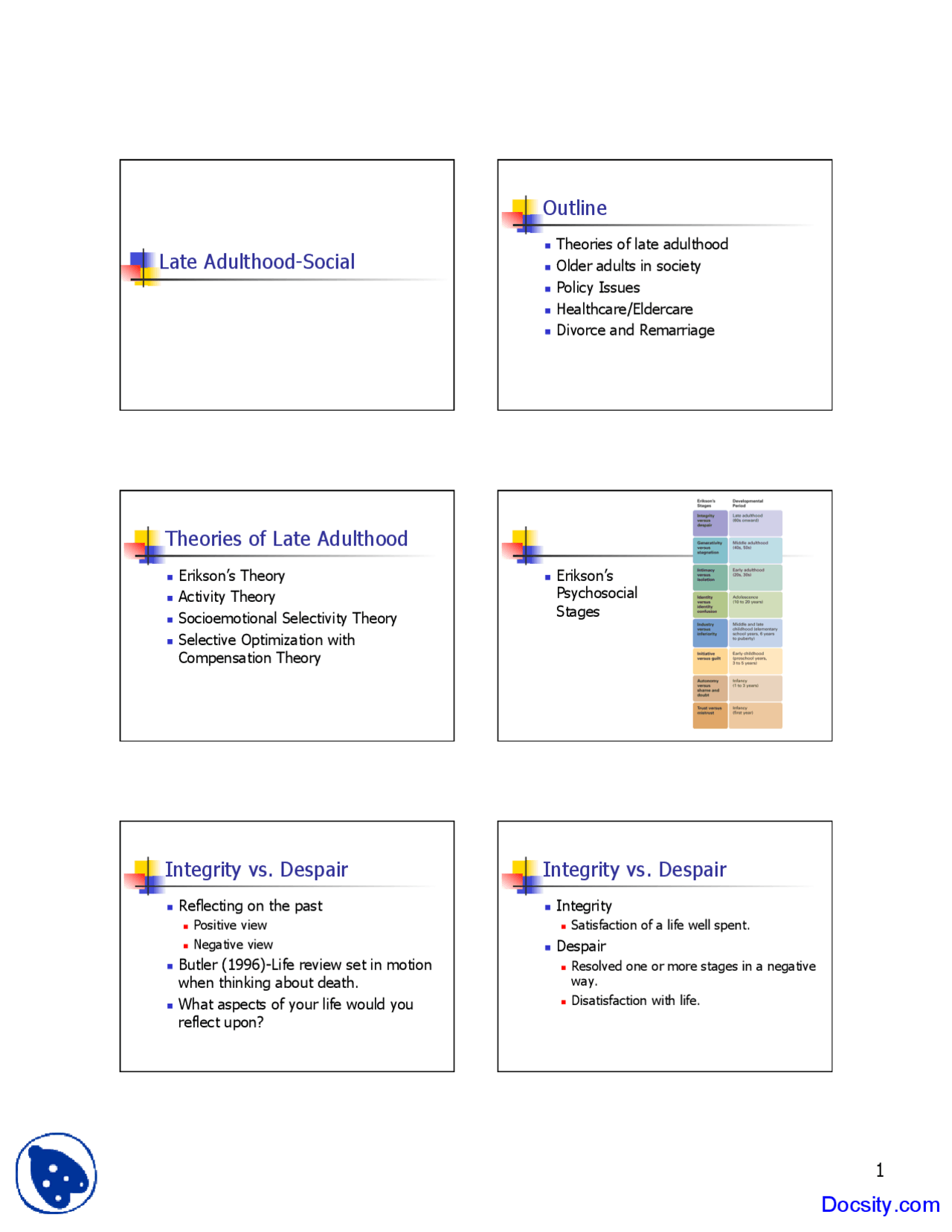 Late Adulthood Social Developmental Psychology Lecture Slides Docsity