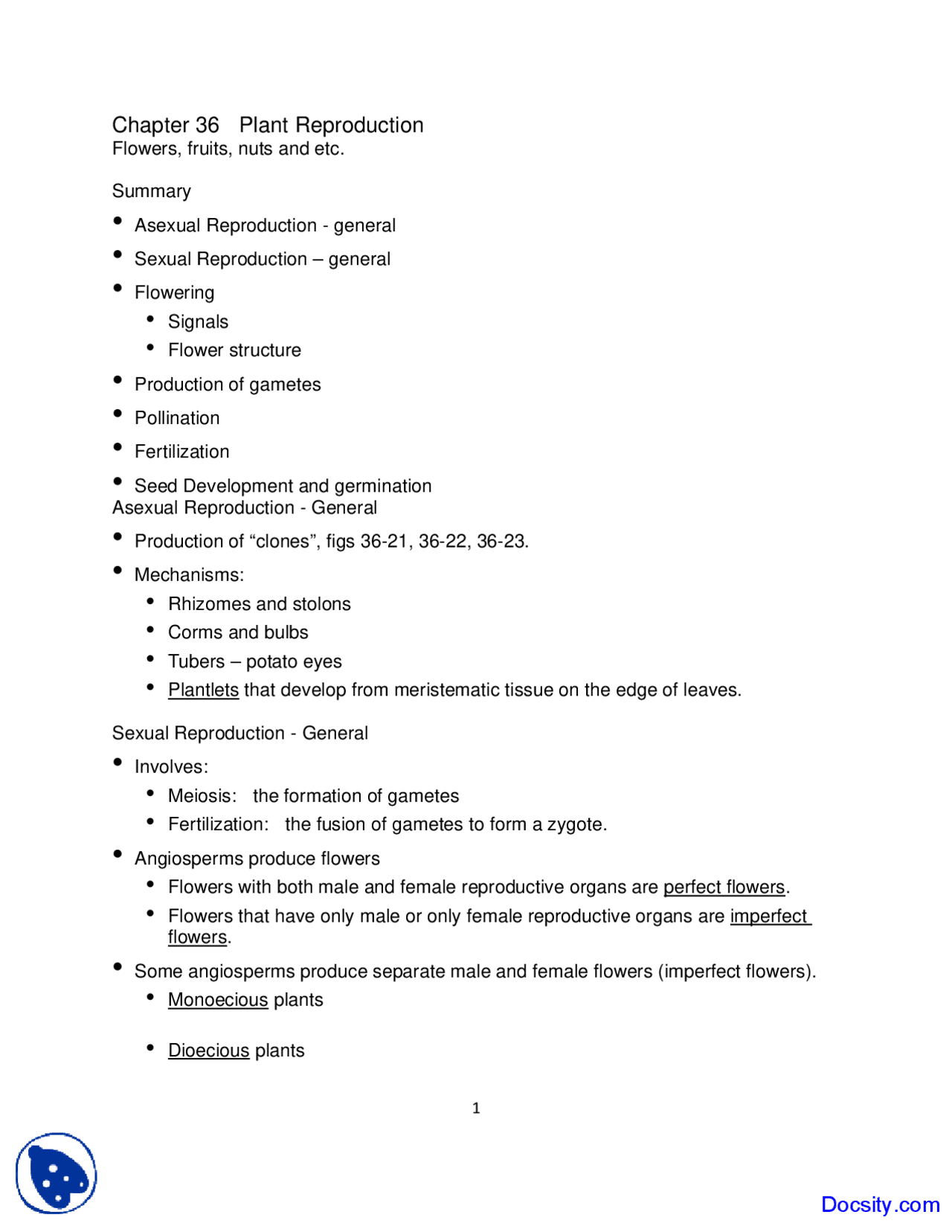 Plant Reproduction - Fundametnals of Biology - Lecture Notes | Study ...