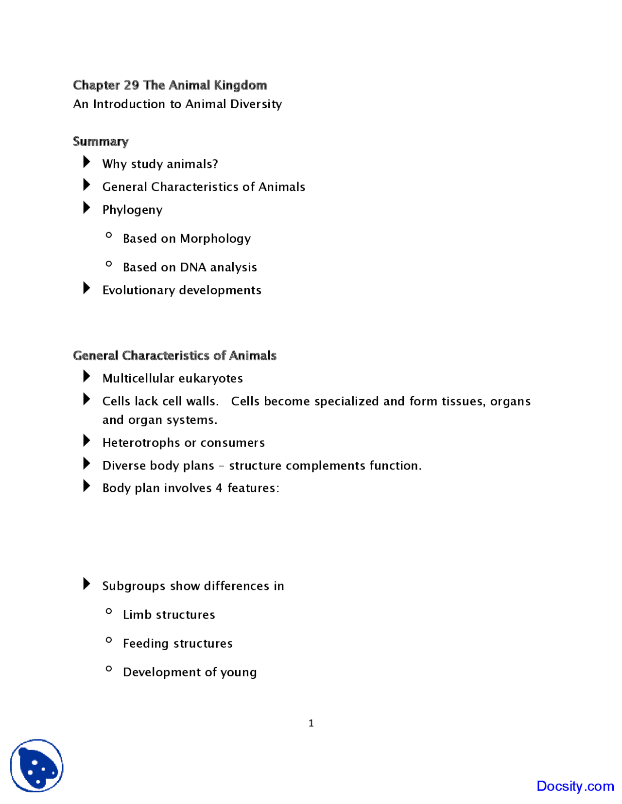 Animal Kingdom - Fundametnals of Biology - Lecture Notes - Docsity