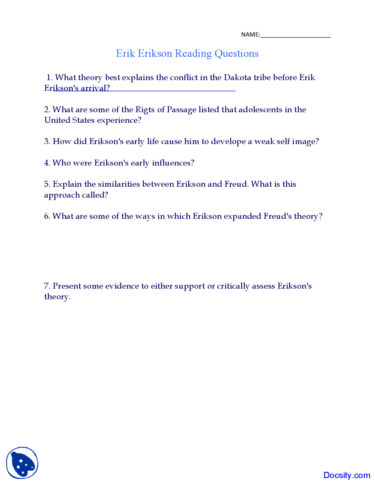 Erik Erikson Advanced Placement Psychology Quiz Docsity