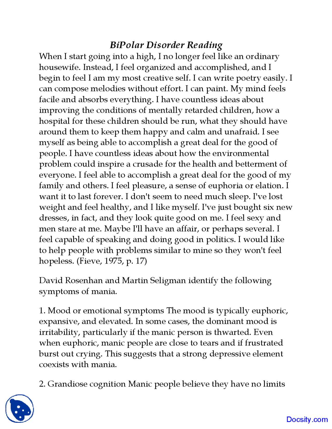 Bipolar Disorder - Advanced Placement Psychology - Lecture Notes - Docsity