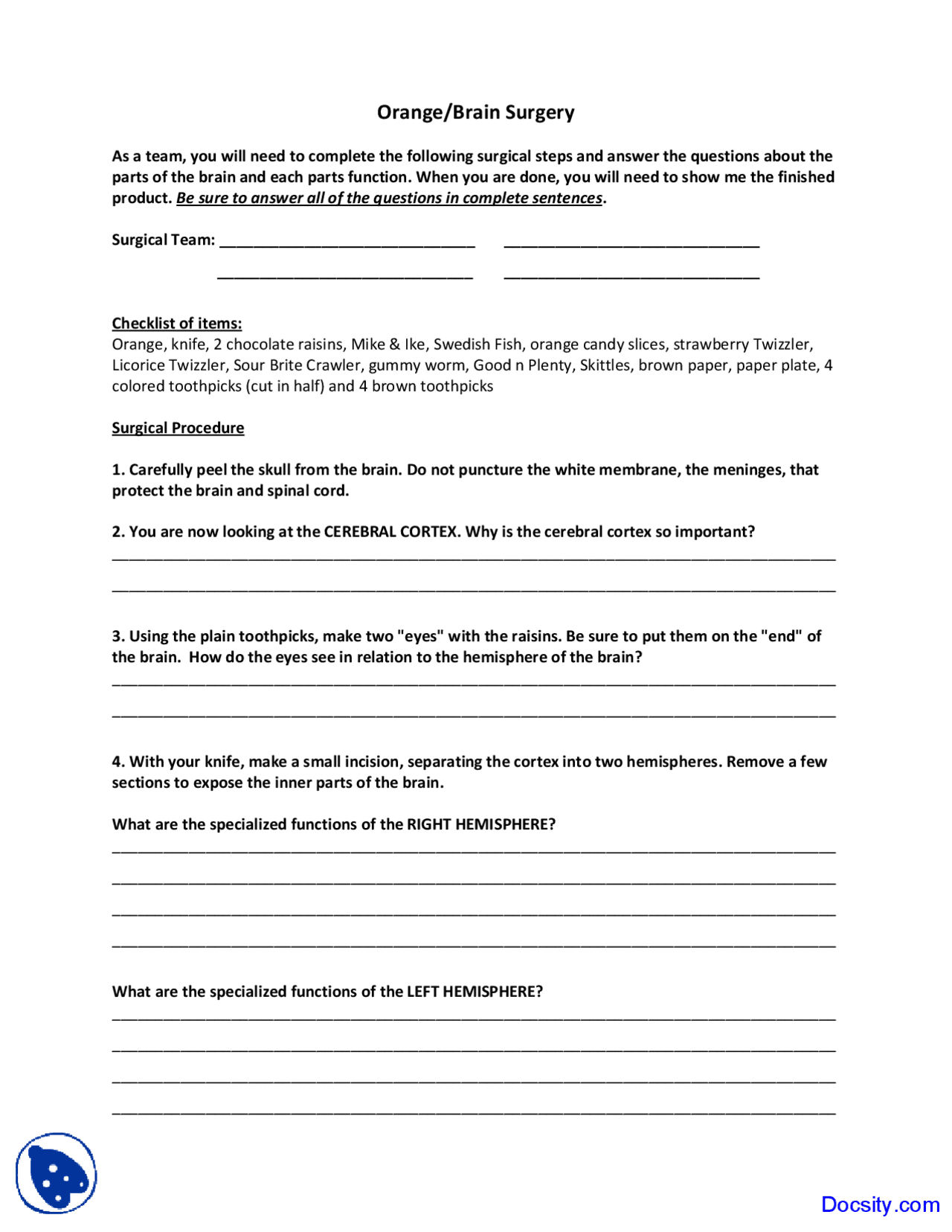 Brain Surgery Advanced Placement Psychology Quiz Docsity