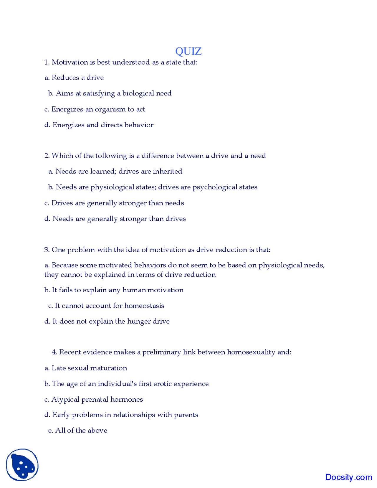 Motivation Advanced Placement Psychology Quiz Docsity