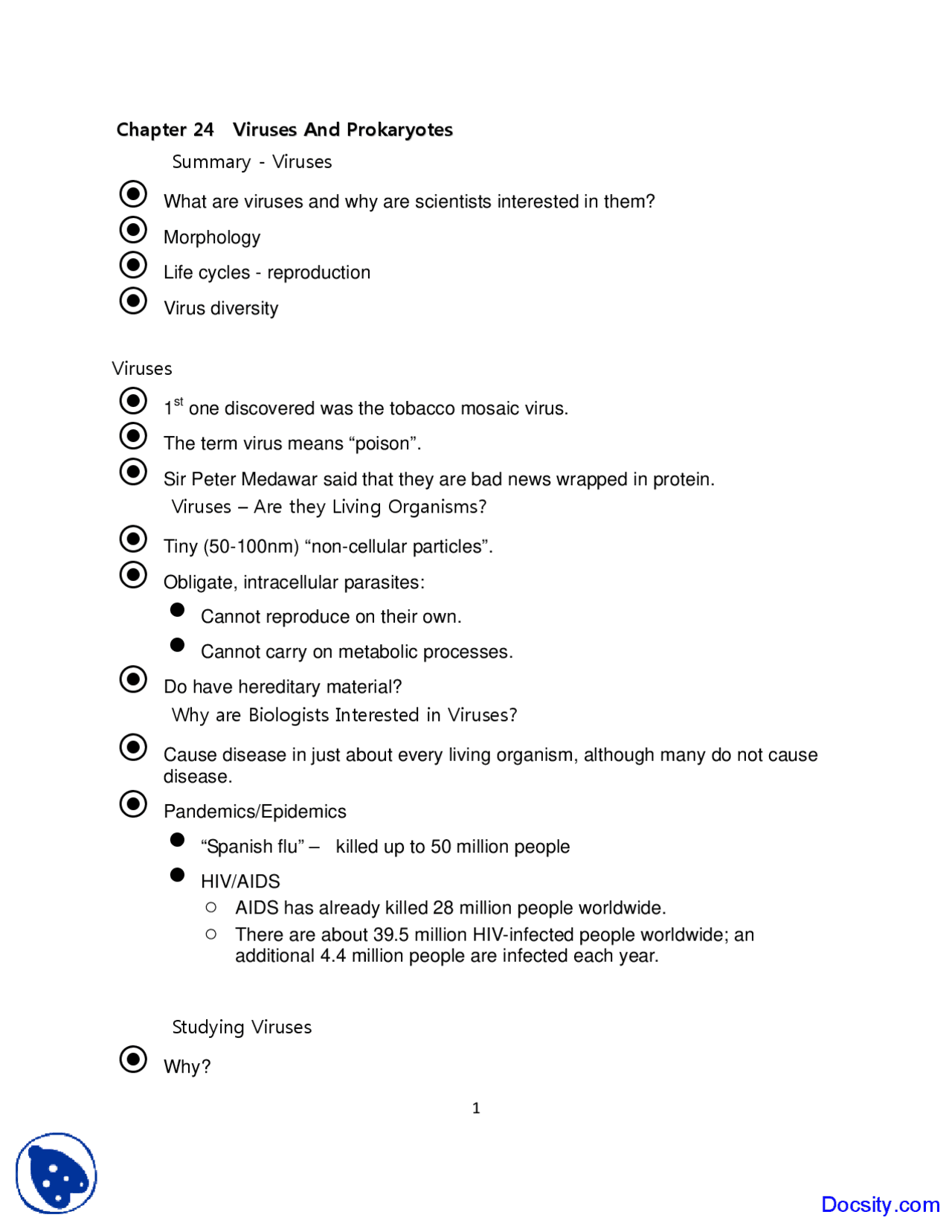 Viruses And Prokaryotes Fundametnals Of Biology Lecture Notes Docsity